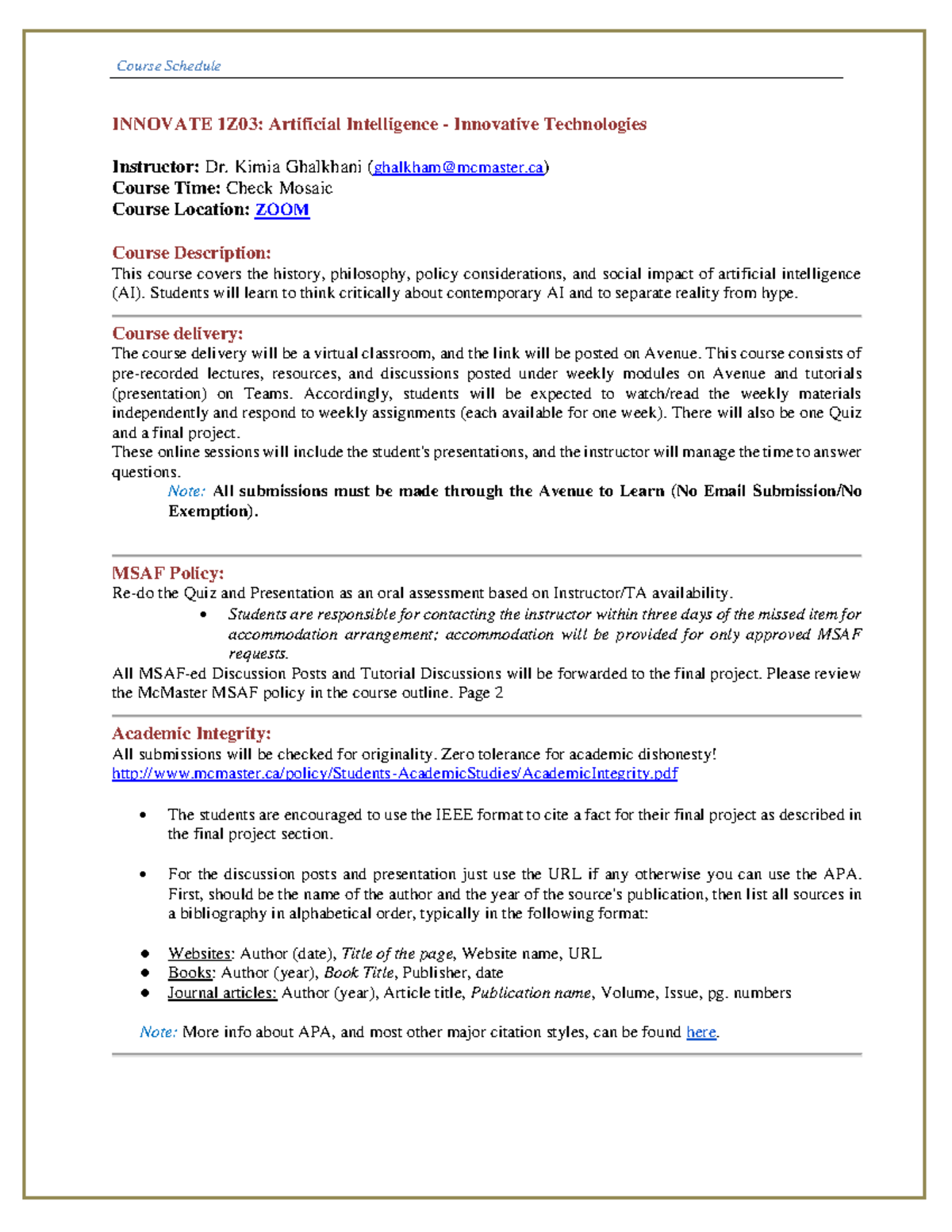 Course Schedule-Innovate 1Z03-Fall 2022 - INNOVATE 1Z03: Artificial ...