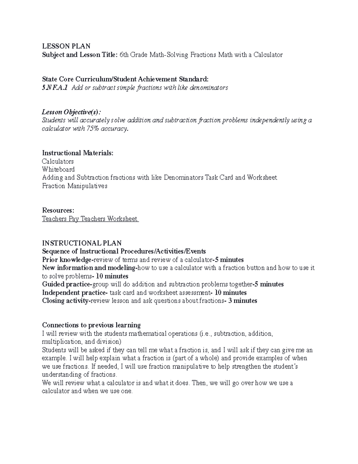 Math Lesson Plan 2021 - LESSON PLAN Subject and Lesson Title: 6th Grade ...