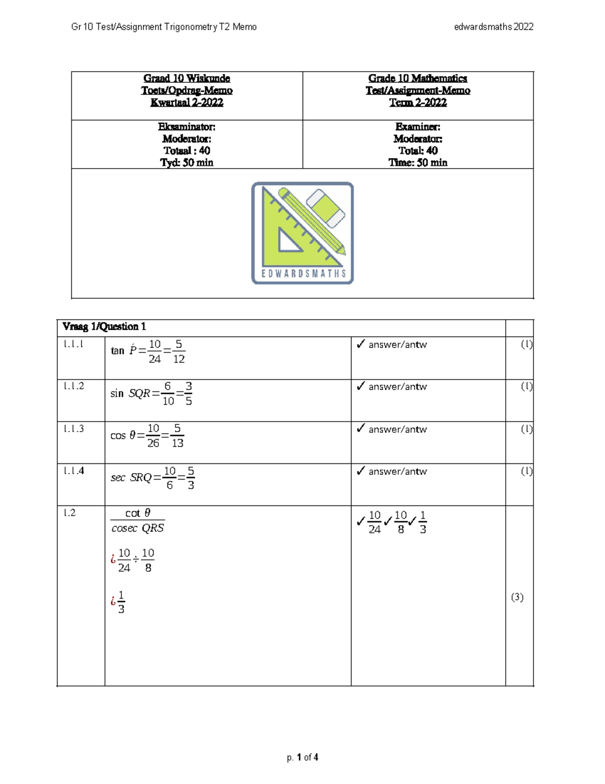 Gr 10 Edwardsmaths Test or Assignment Trigonometry T2 2022 Memo - Graad ...