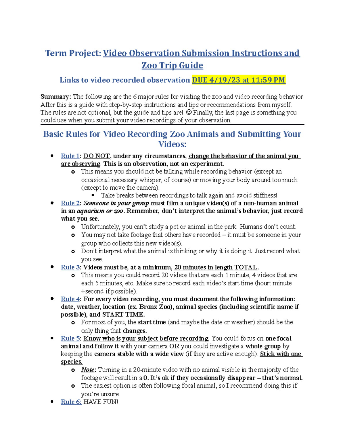Zoo Trip and Video Observation Instructions and Guide - Term Project ...