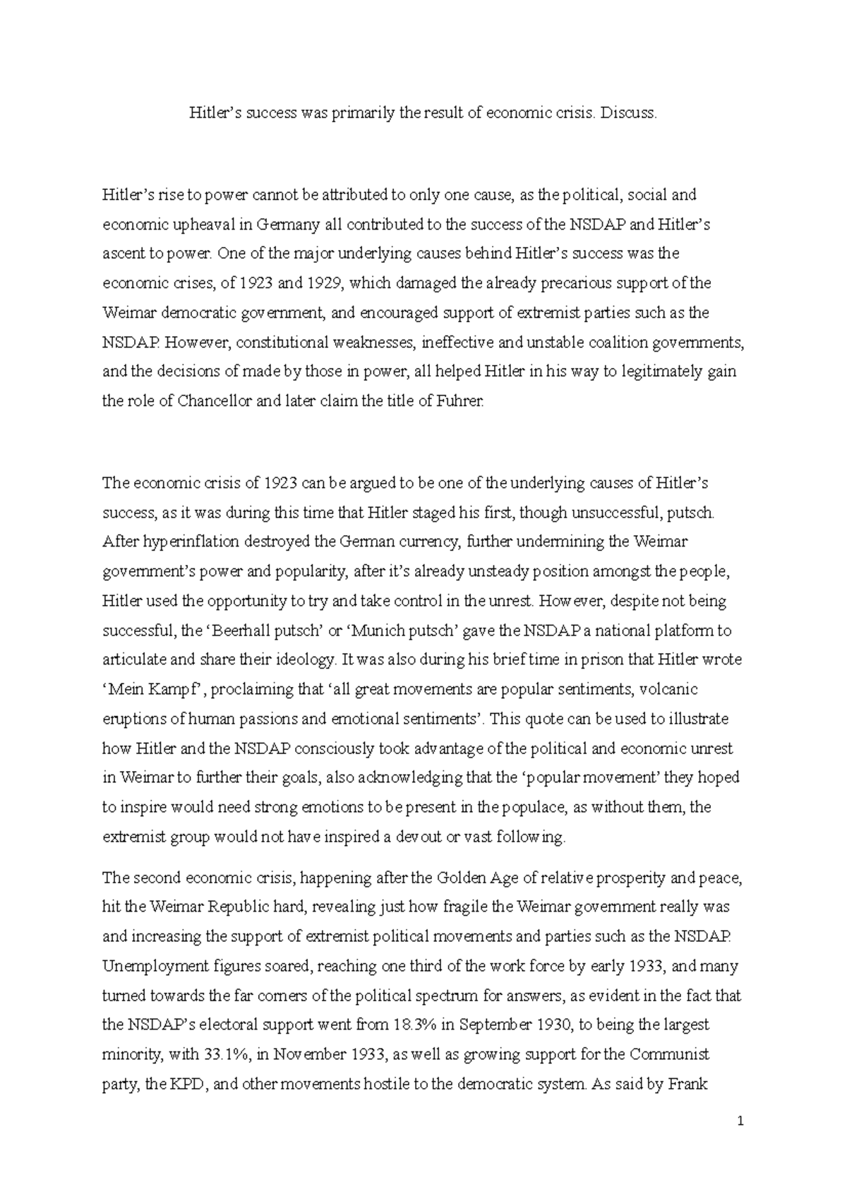 Hitler Essay Rise to Power - upload version - Hitler’s success was ...