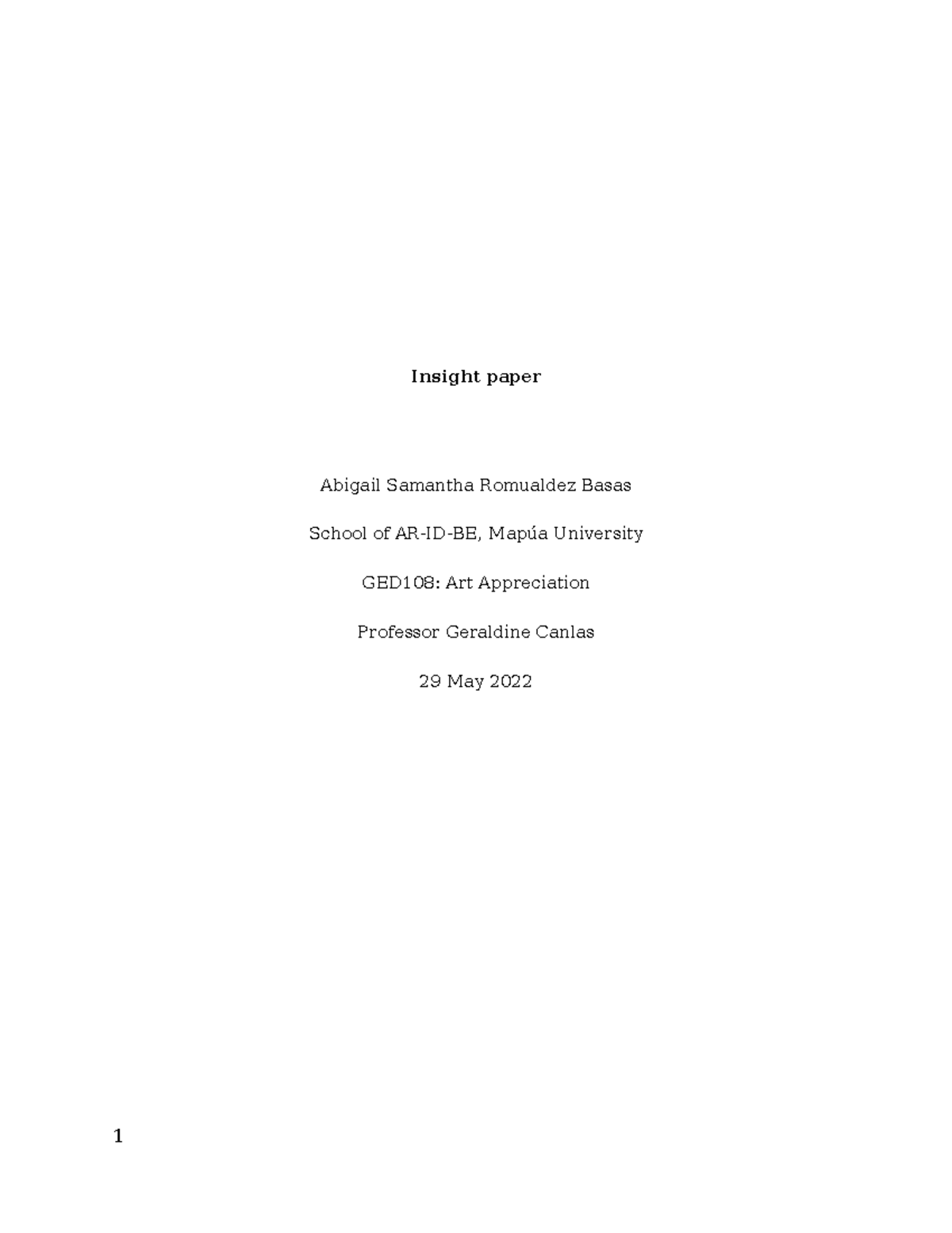 GED108 Insight Paper - Basas - Insight paper Abigail Samantha Romualdez ...