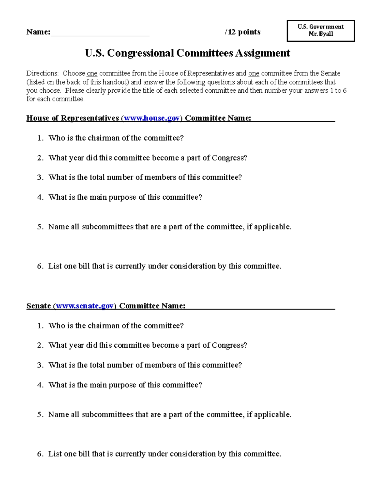 Congressional Committees Assignment - Name:_______________________ /12 ...