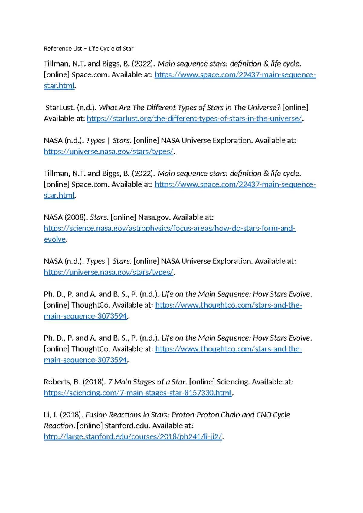 Reference List - life cycle of a star - Reference List – Life Cycle of ...