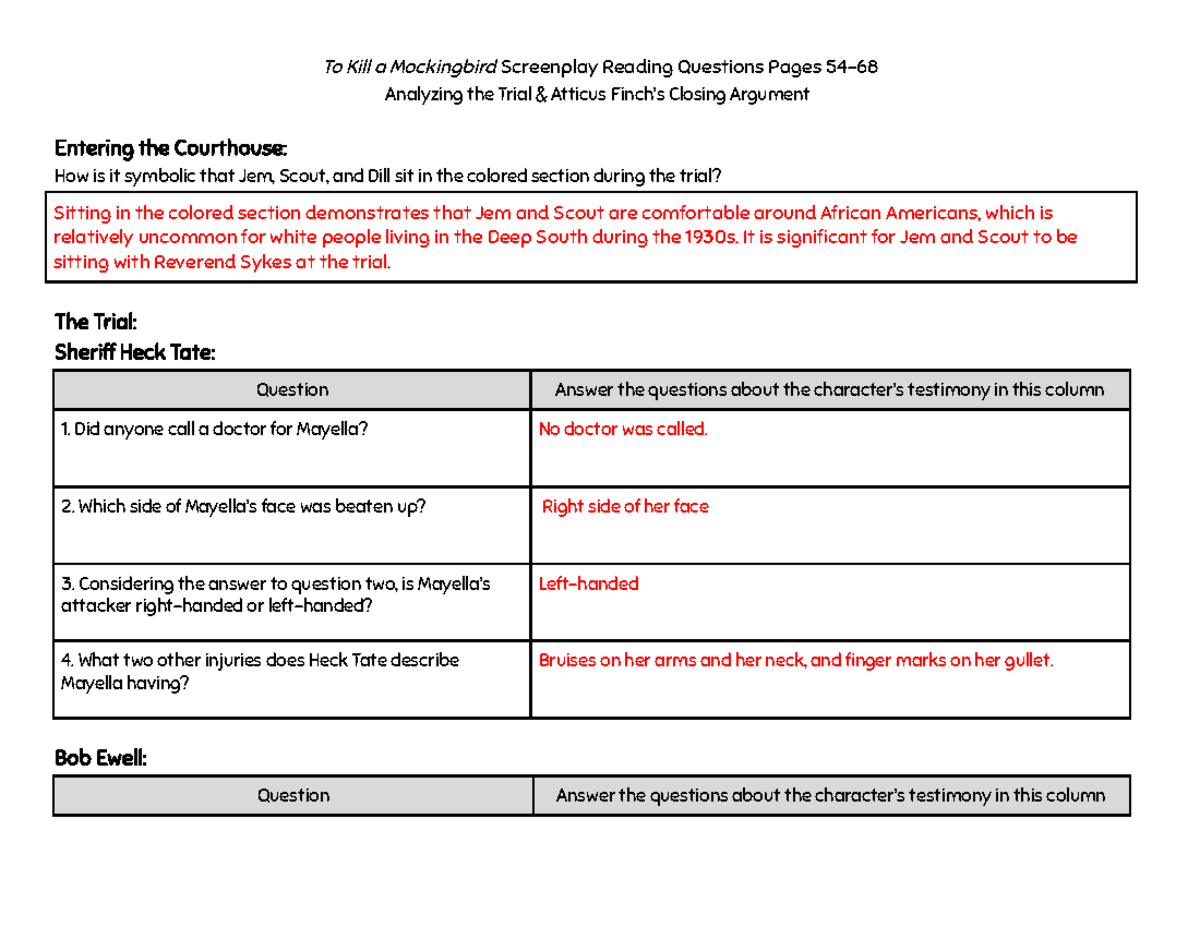 TKAM pg. 54-68 Reading Q s - To Kill a Mockingbird Screenplay Reading ...