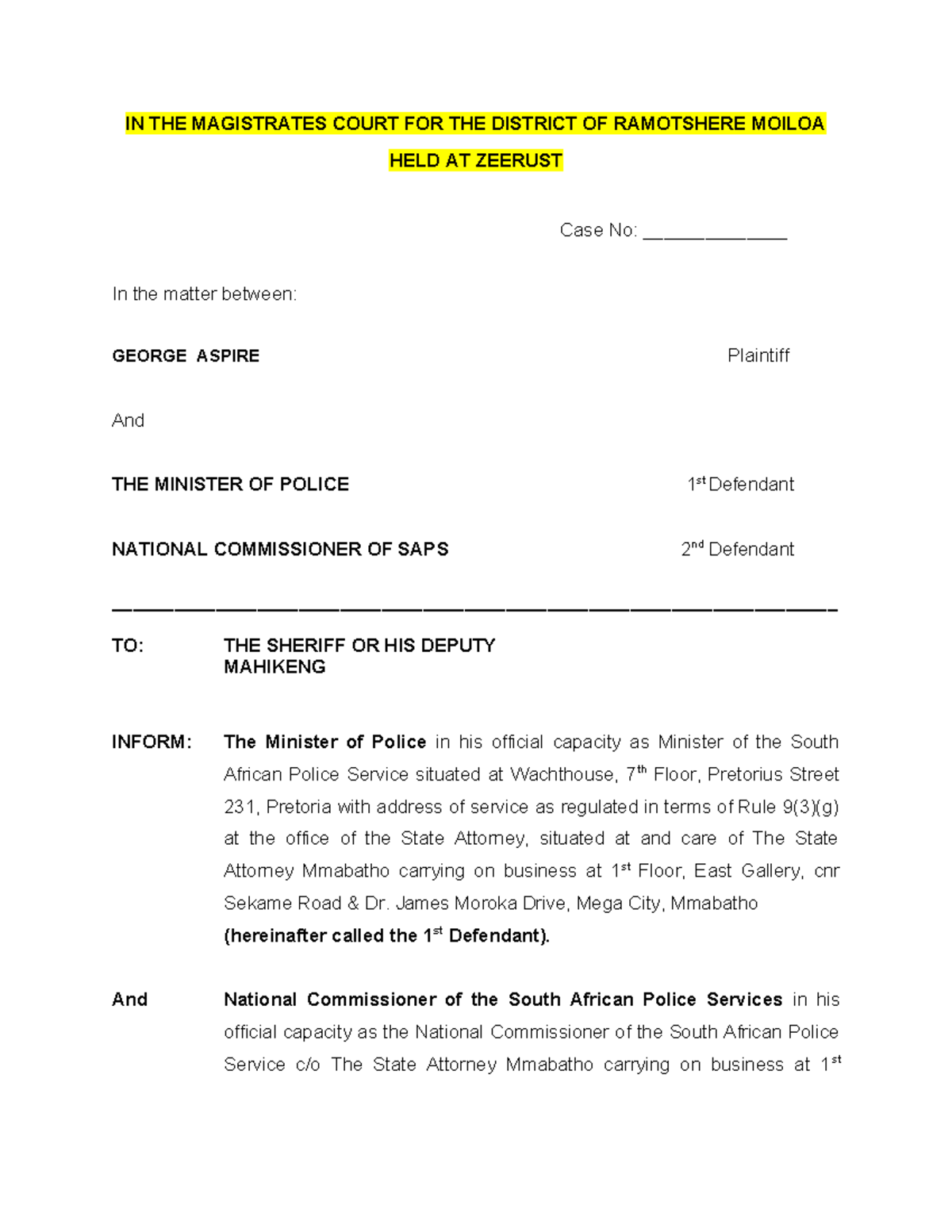 Unlawful Arrest Template Combined Summons - IN THE MAGISTRATES COURT ...