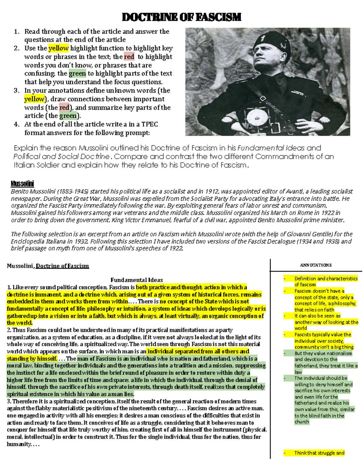 Mussolini Doctrine of Facism - DOCTRINE OF FASCISM 1. Read through each ...