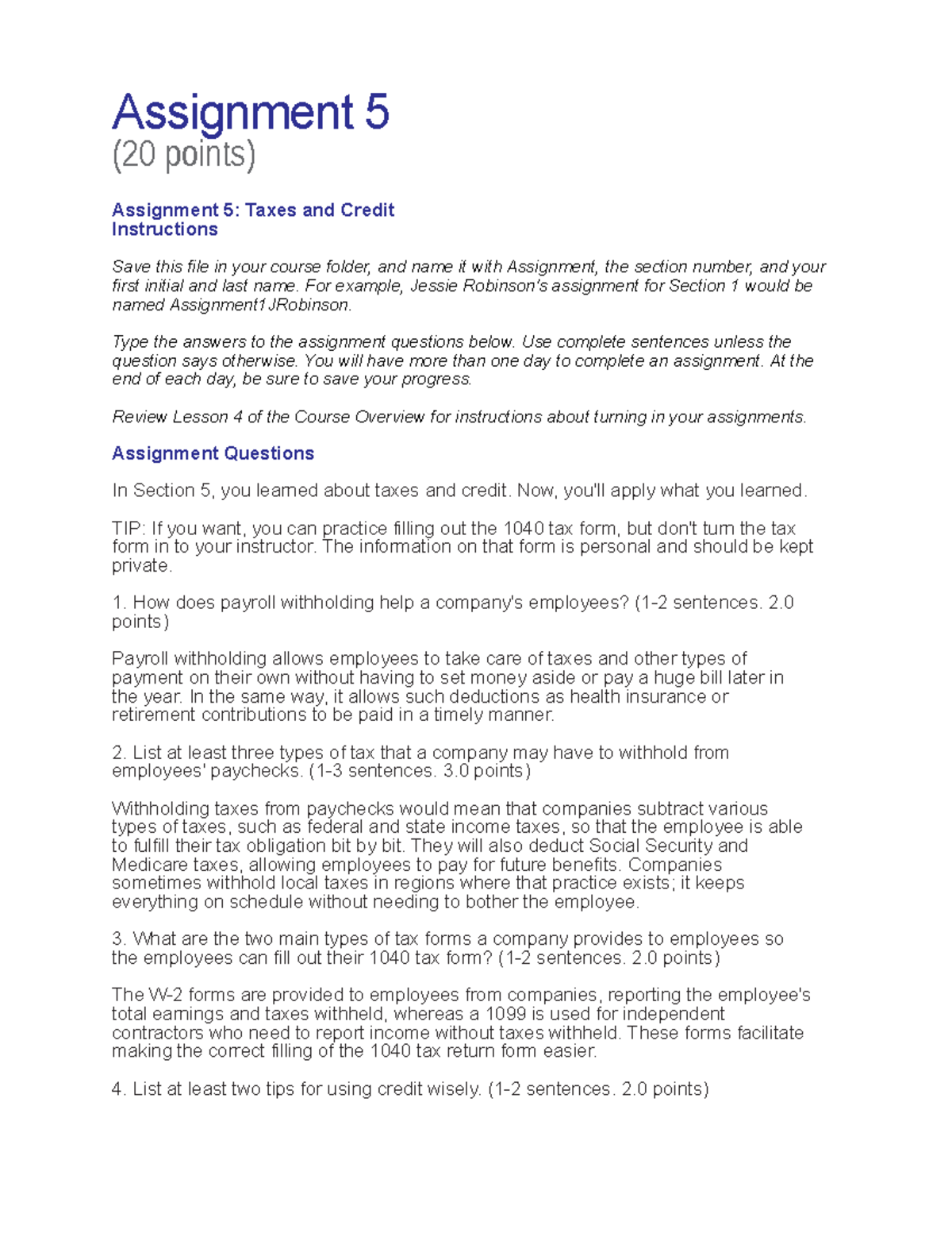 Assignment 5 - EL5732 - Online edgenuity - Assignment 5 (20 points ...