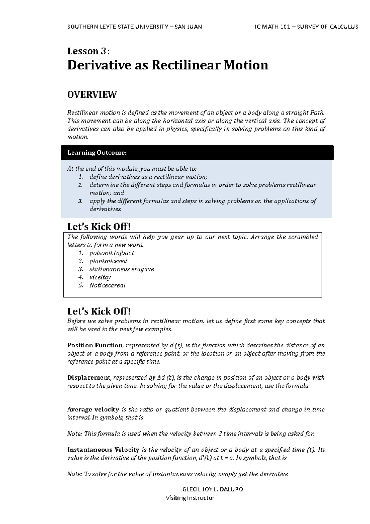 Survey of Calculus 3 - SOUTHERN LEYTE STATE UNIVERSITY – SAN JUAN IC ...