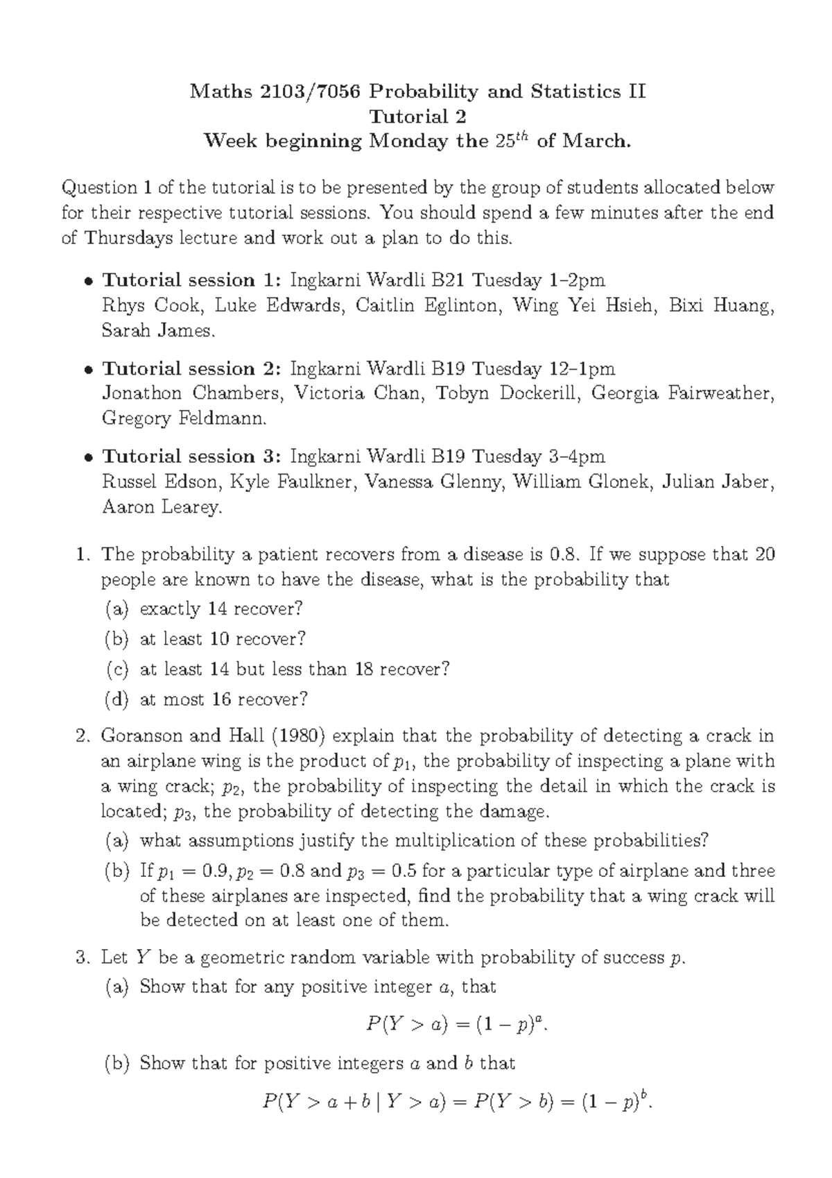 Tut2 - The questions for the second tutorial - Maths 2103/7056 ...