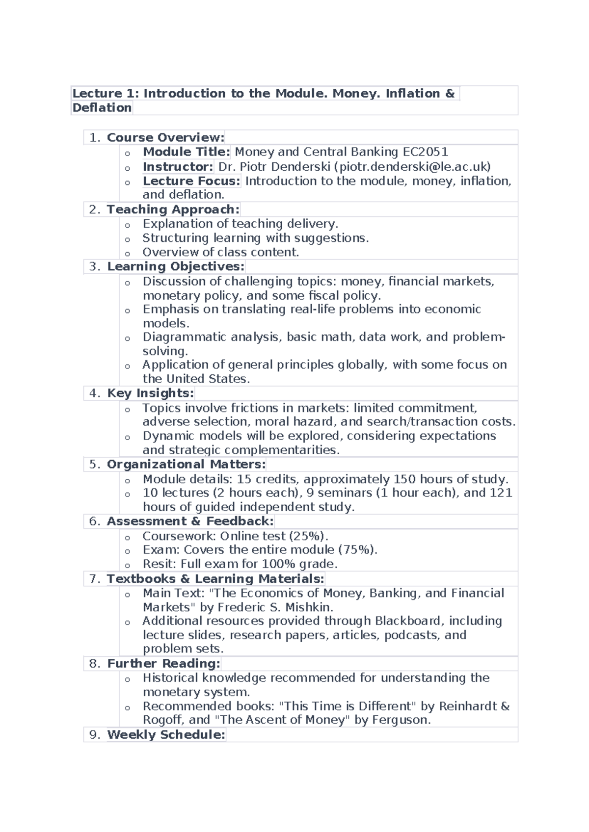 Lecture 1 M&C - Lecture 1: Introduction to the Module. Money. Inflation & Deflation 1. Course ...