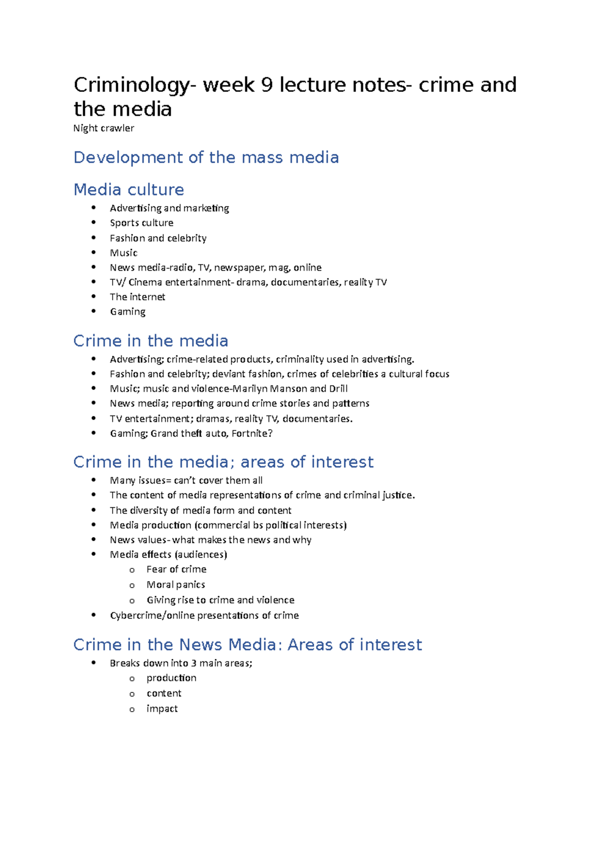 Introduction to criminology - week 9 lecture notes- crime and the media ...