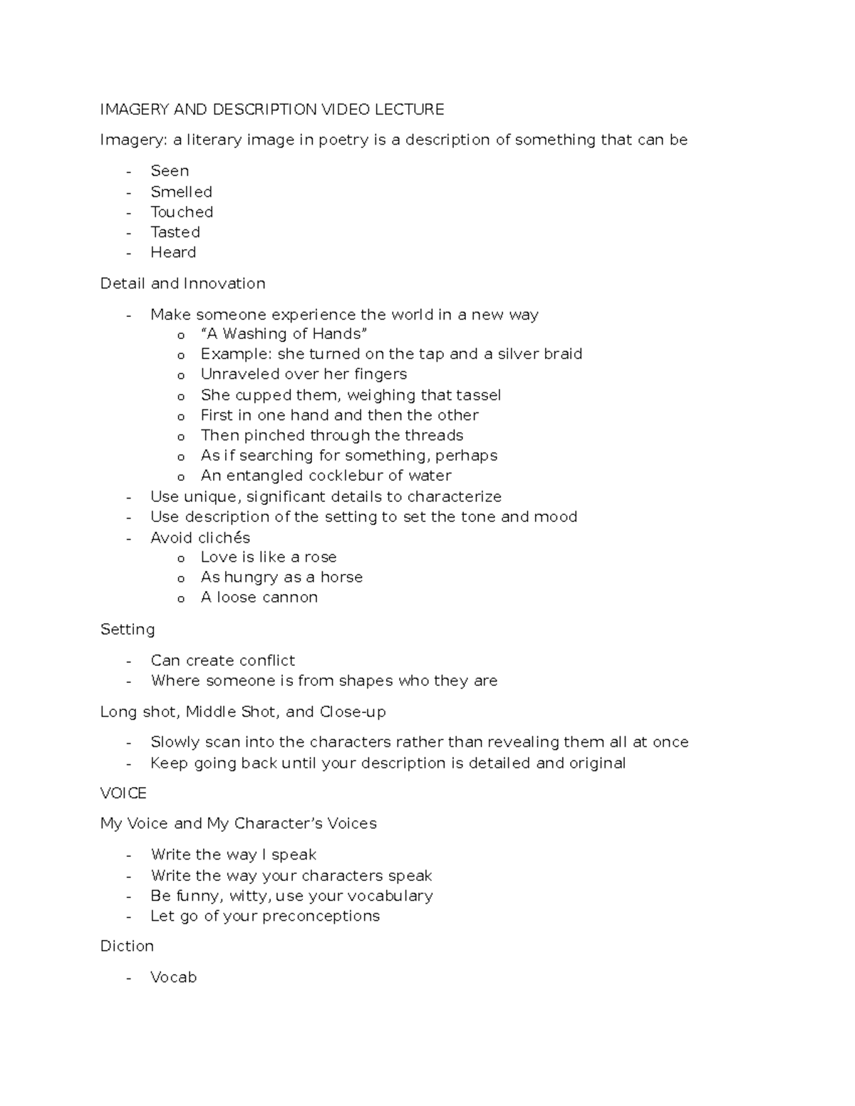 Creative Writing - IMAGERY AND DESCRIPTION VIDEO LECTURE Imagery: a ...