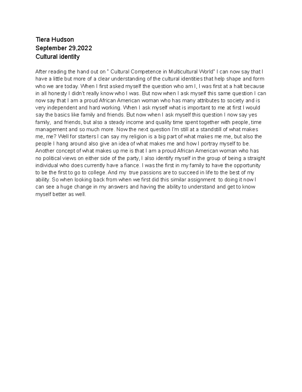 Cultural Identity Assignmnet - Tiera Hudson September 29, Cultural ...