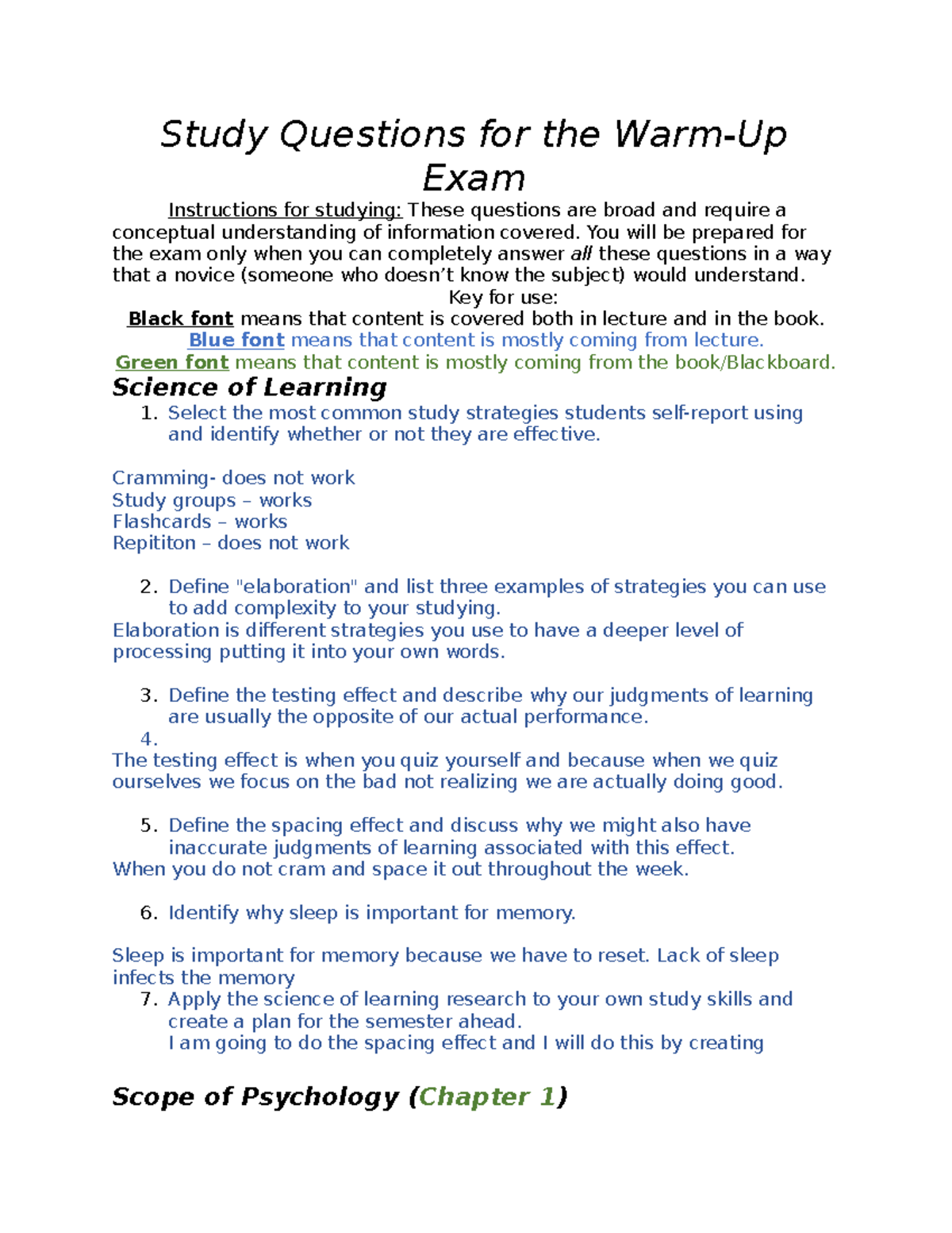 01- Study Questions for Warm-Up Exam - Study Questions for the Warm-Up Exam Instructions for ...