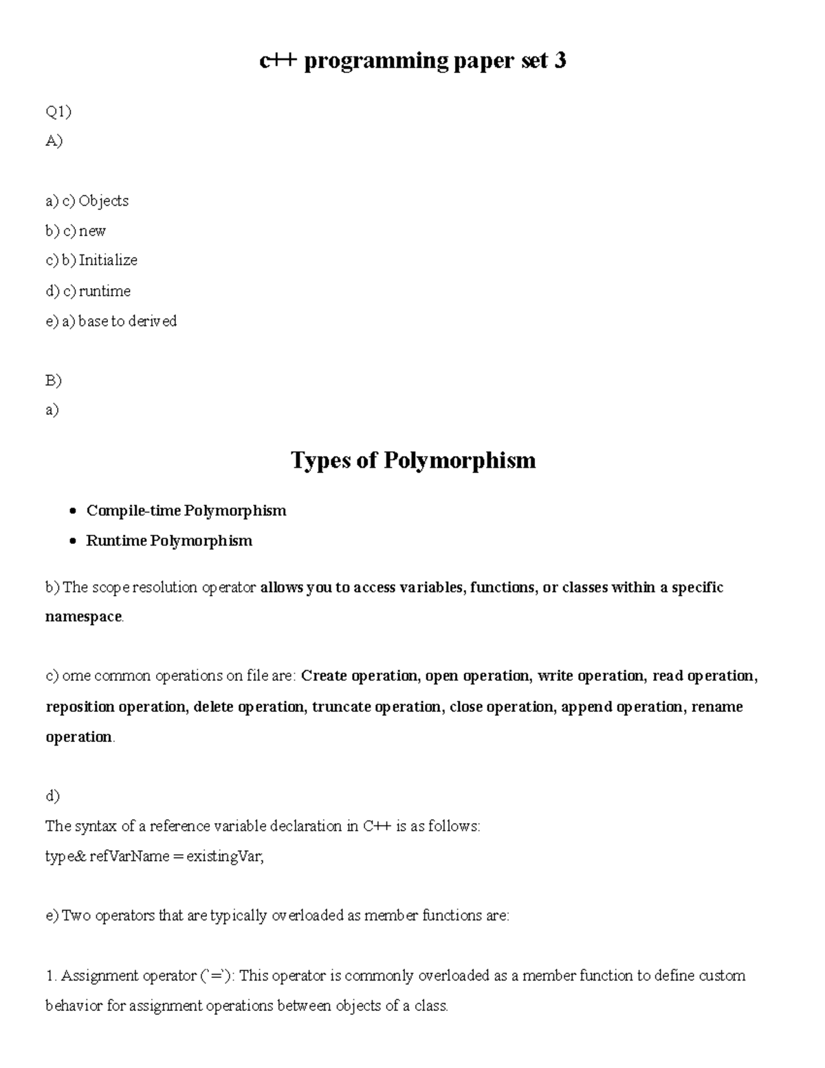 C++ programming paper set-3 - c) ome common operations on file are ...