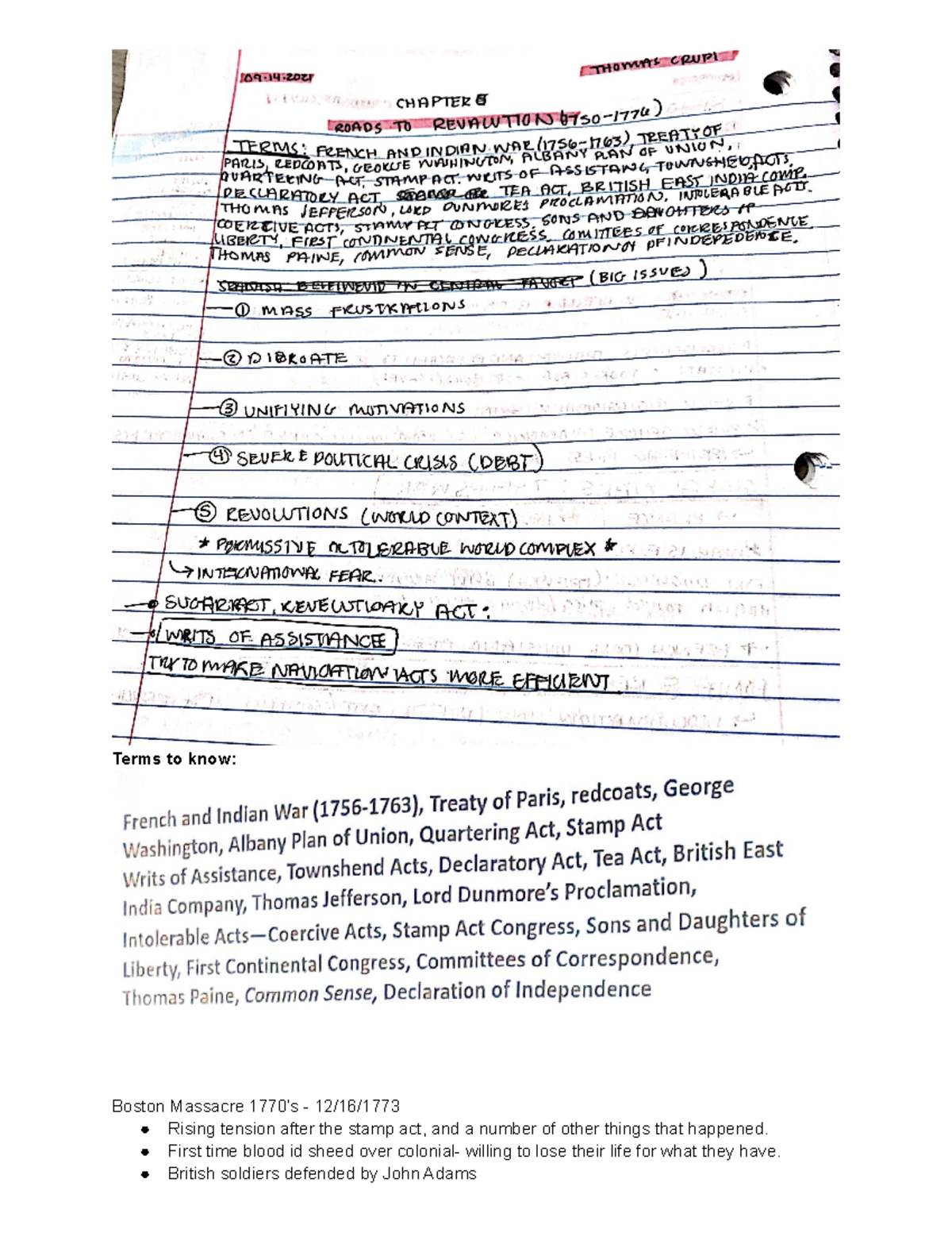 Chapter 5 Lecture notes - Terms to know: Boston Massacre 1770’s - 12/16 ...