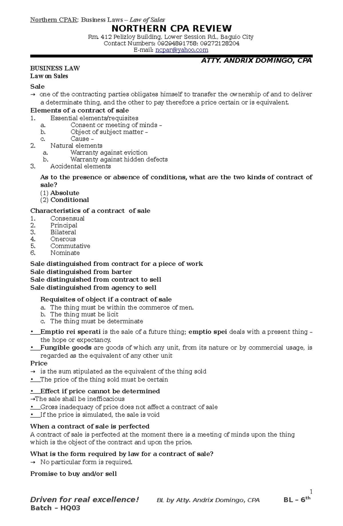 Law on sales - Notes - NORTHERN CPA REVIEW Rm. 412 Pelizloy Building ...