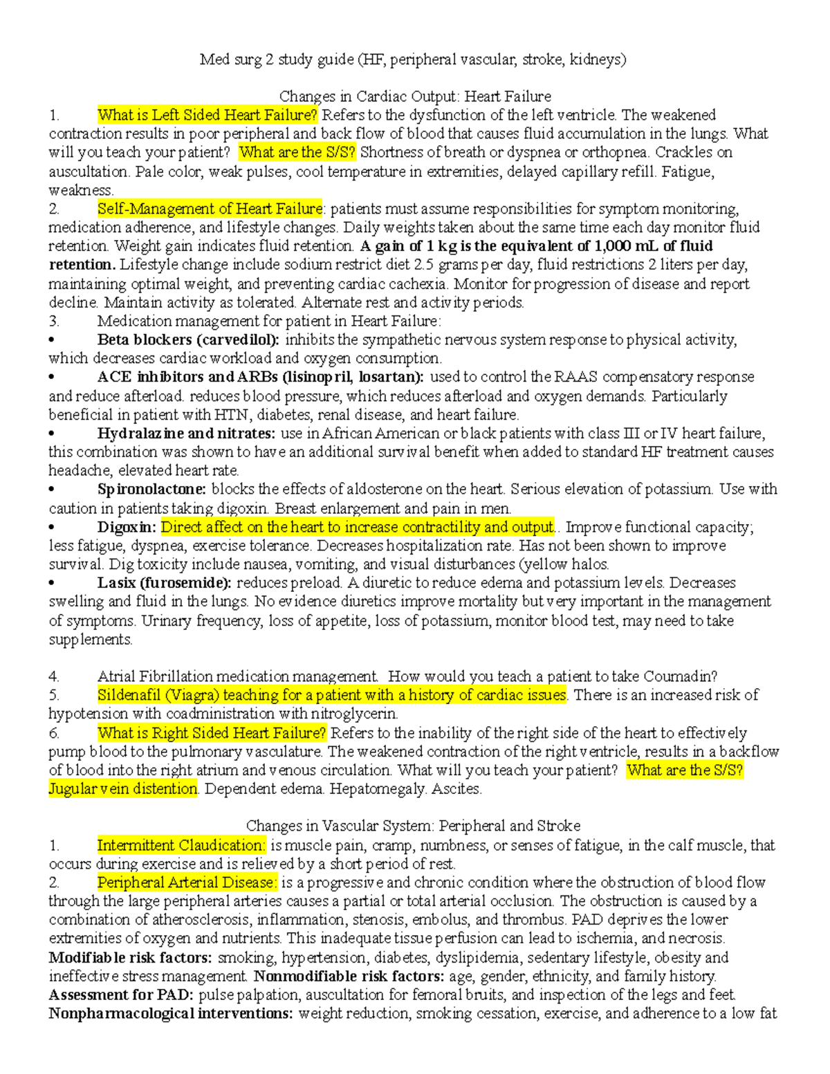 Exam 2 Study Guide- HF, peripheral vascular, stroke, kidneys - Med surg ...