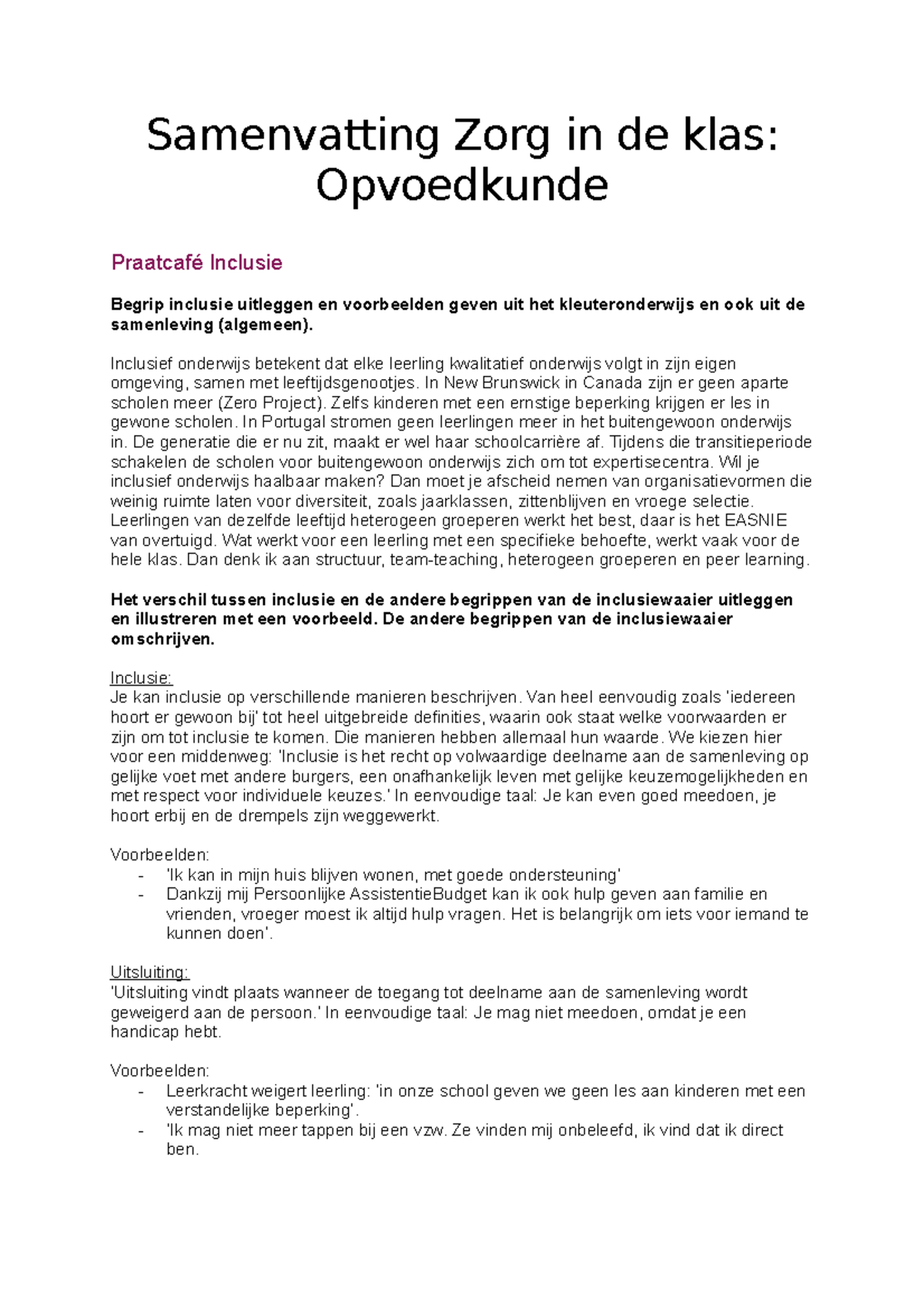 Samenvatting opvoedkunde - Samenvatting Zorg in de klas: Opvoedkunde ...