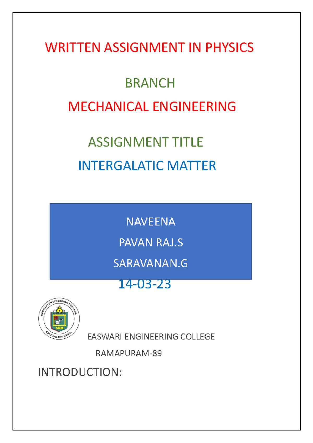 Written Assignment IN Physics - WRITTEN ASSIGNMENT IN PHYSICS BRANCH ...