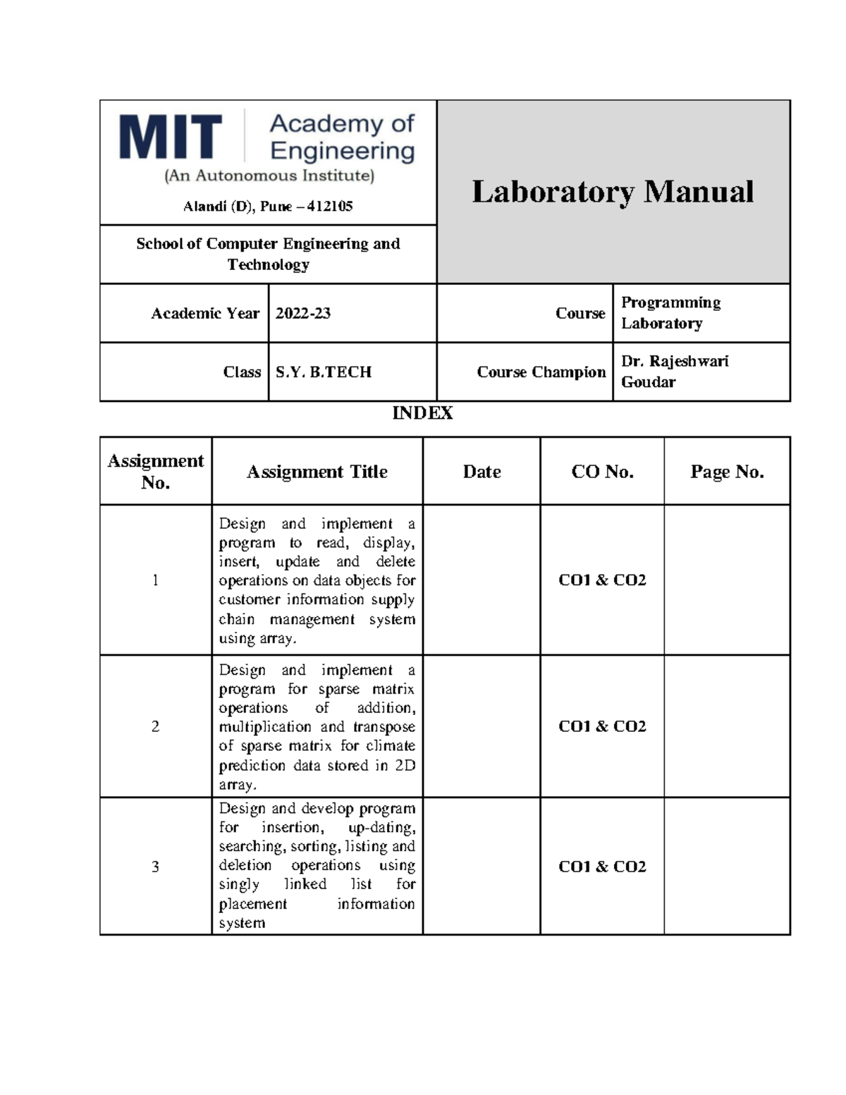Lab Manual PL - Alandi (D), Pune – 412105 Laboratory Manual School of ...