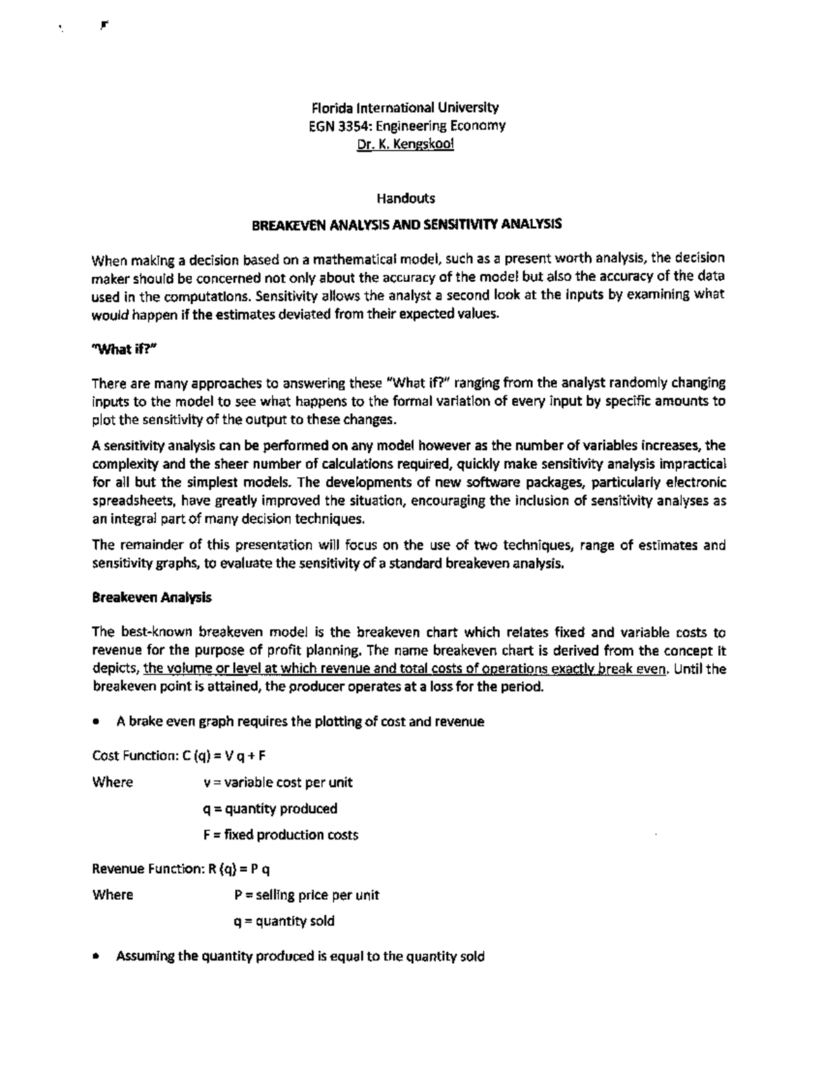 Breakeven Analysis and Sensitivity Analysis - Florida International University EGN 3354 ...