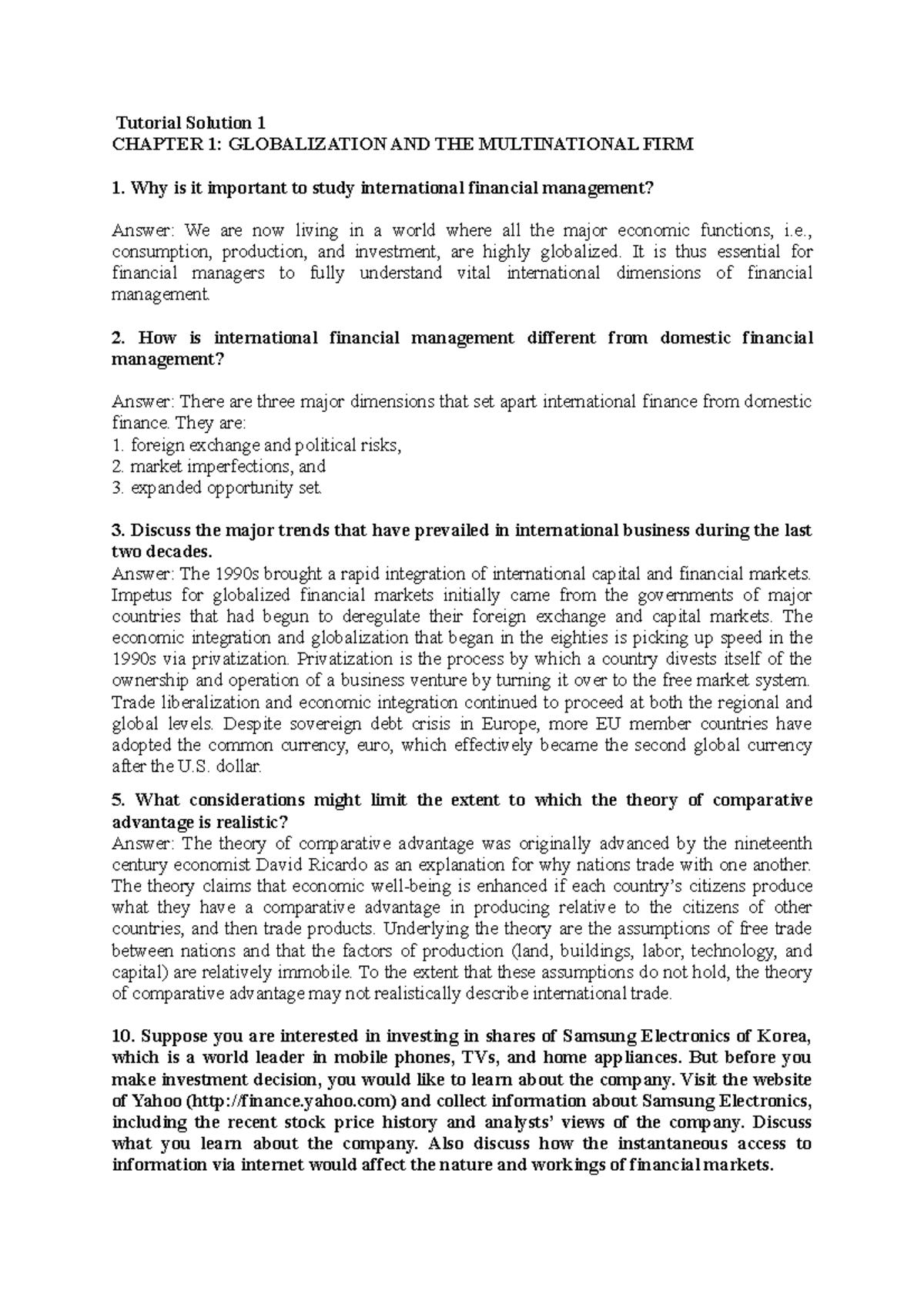 Tutorial 1 solutions - Tutorial Solution 1 CHAPTER 1: GLOBALIZATION AND ...