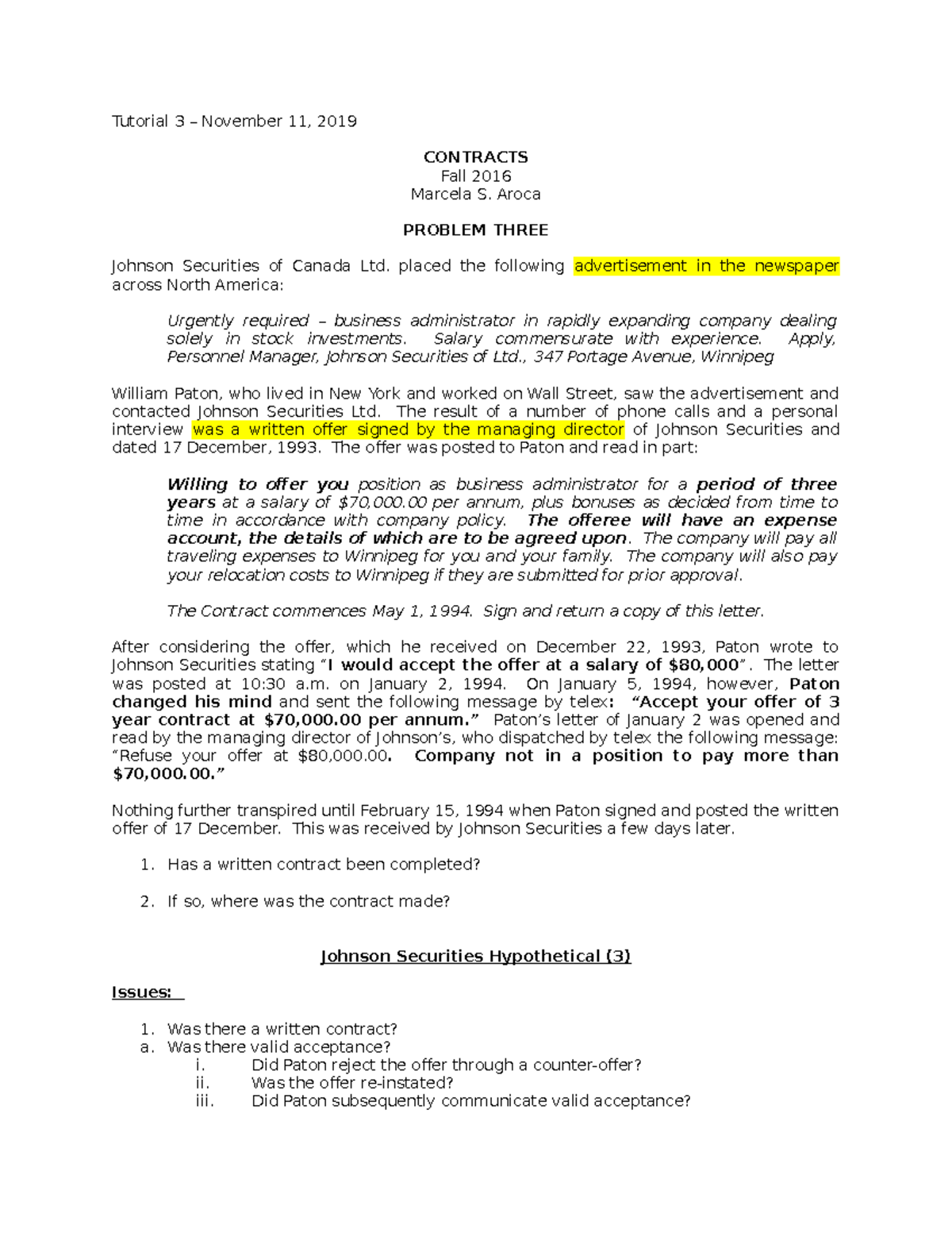 Tutorial HYPO 3 - Tutorial 3 – November 11, 2019 CONTRACTS Fall 2016 ...