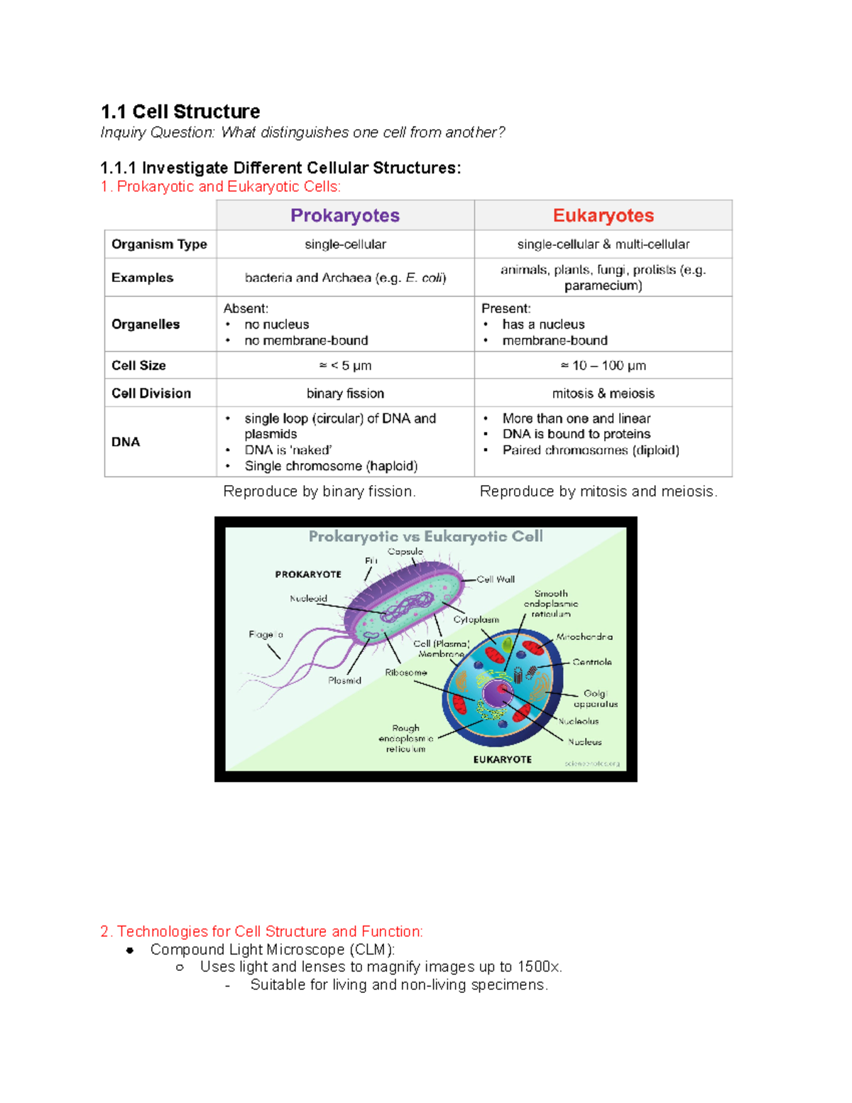 Biology Mod 1 - 1 Cell Structure Inquiry Question: What distinguishes ...