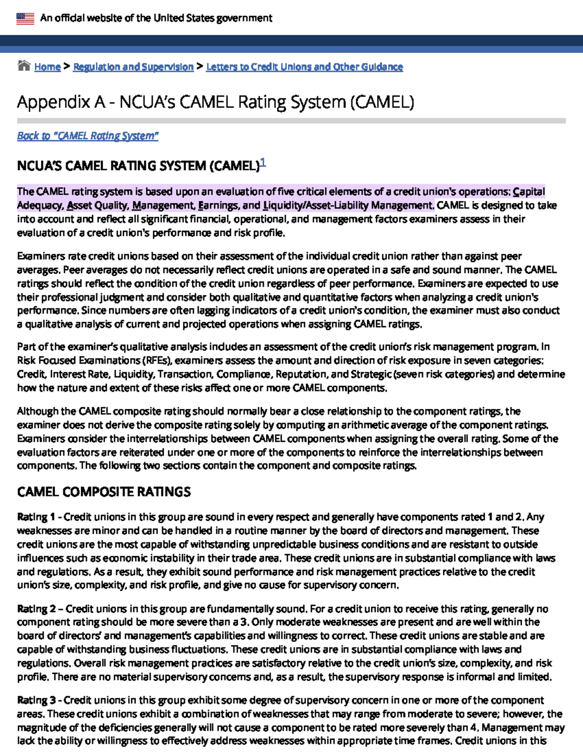 Appendix A - NCUA’s Camel Rating System ( Camel) NCUA - Home > Regulation and Supervision ...