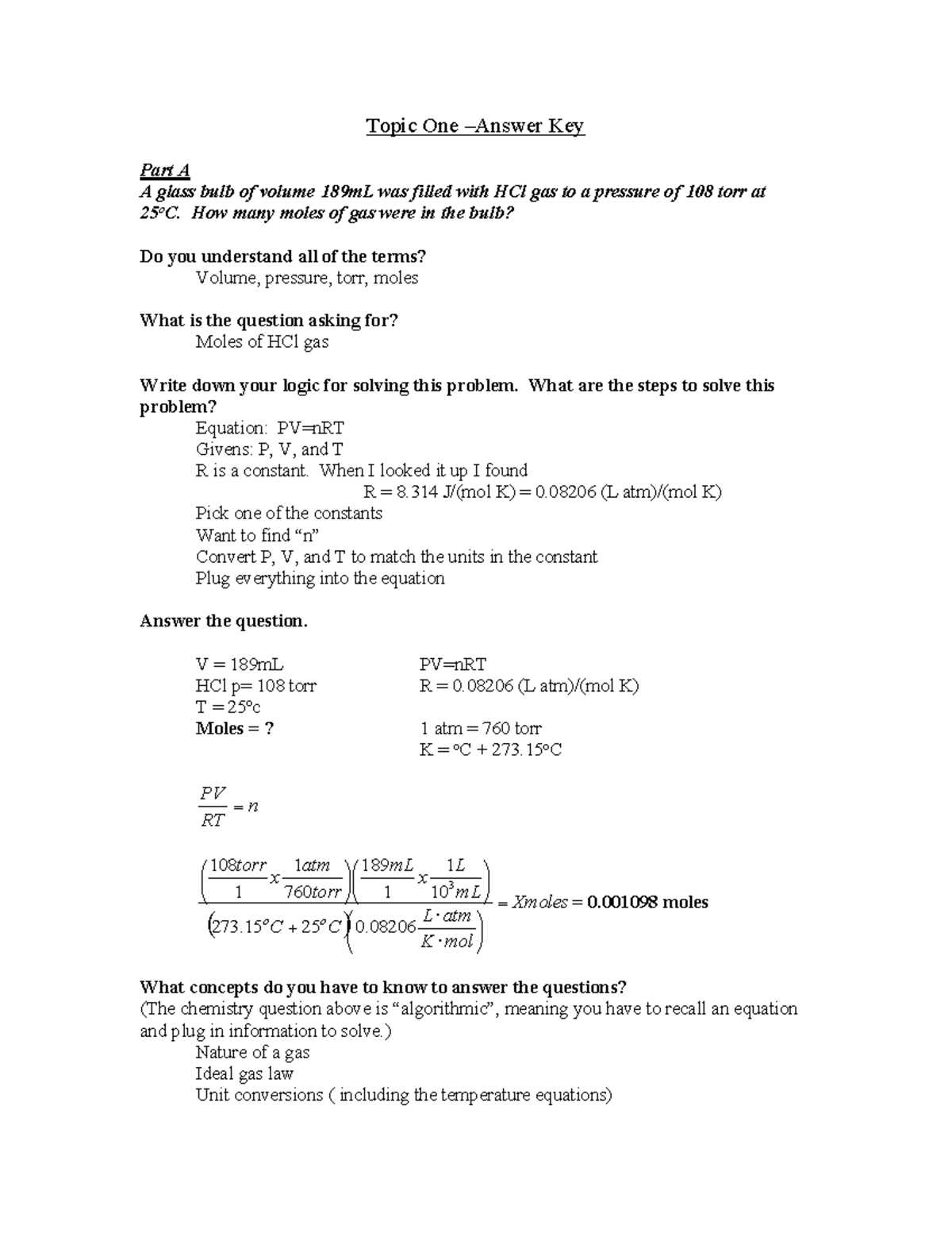 Topic IAK - Chem - Roy - Topic One –Answer Key Part A A glass bulb of ...