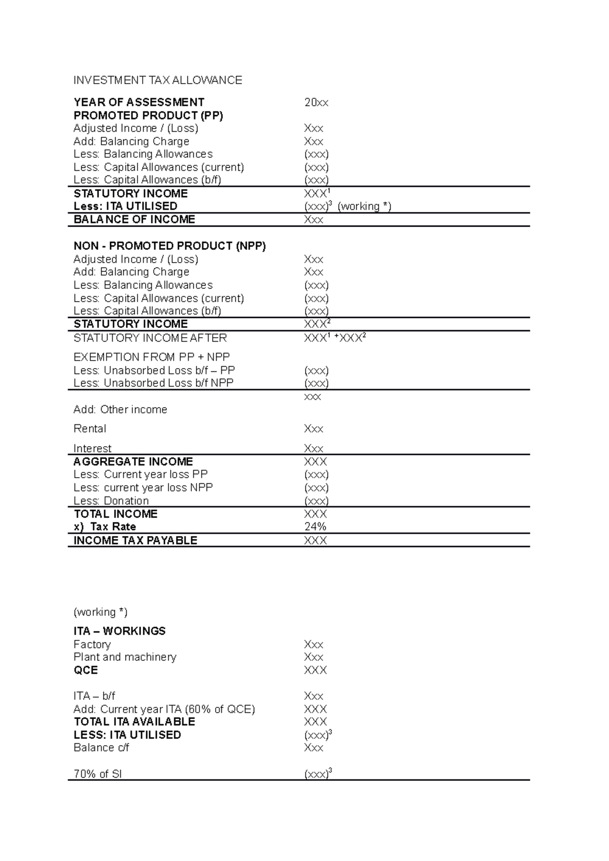 Format ITA - ssssss - INVESTMENT TAX ALLOWANCE YEAR OF ASSESSMENT 20xx ...
