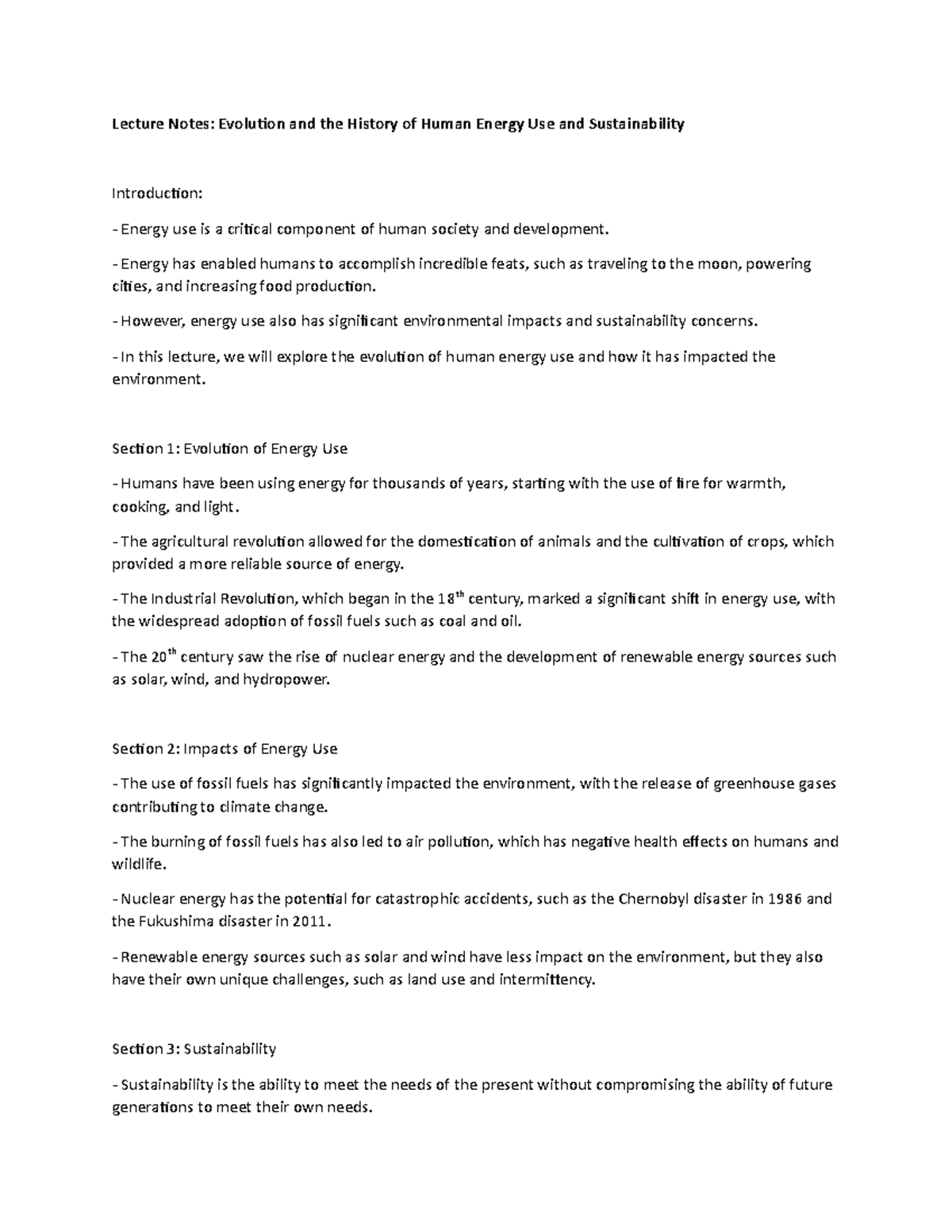 Lecture Notes: Evolution and the History of Human Energy Use and ...