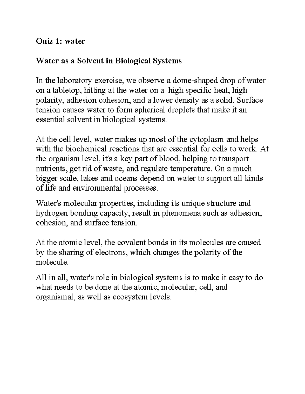 Quiz 1 - jh,bj - Quiz 1: water Water as a Solvent in Biological Systems ...