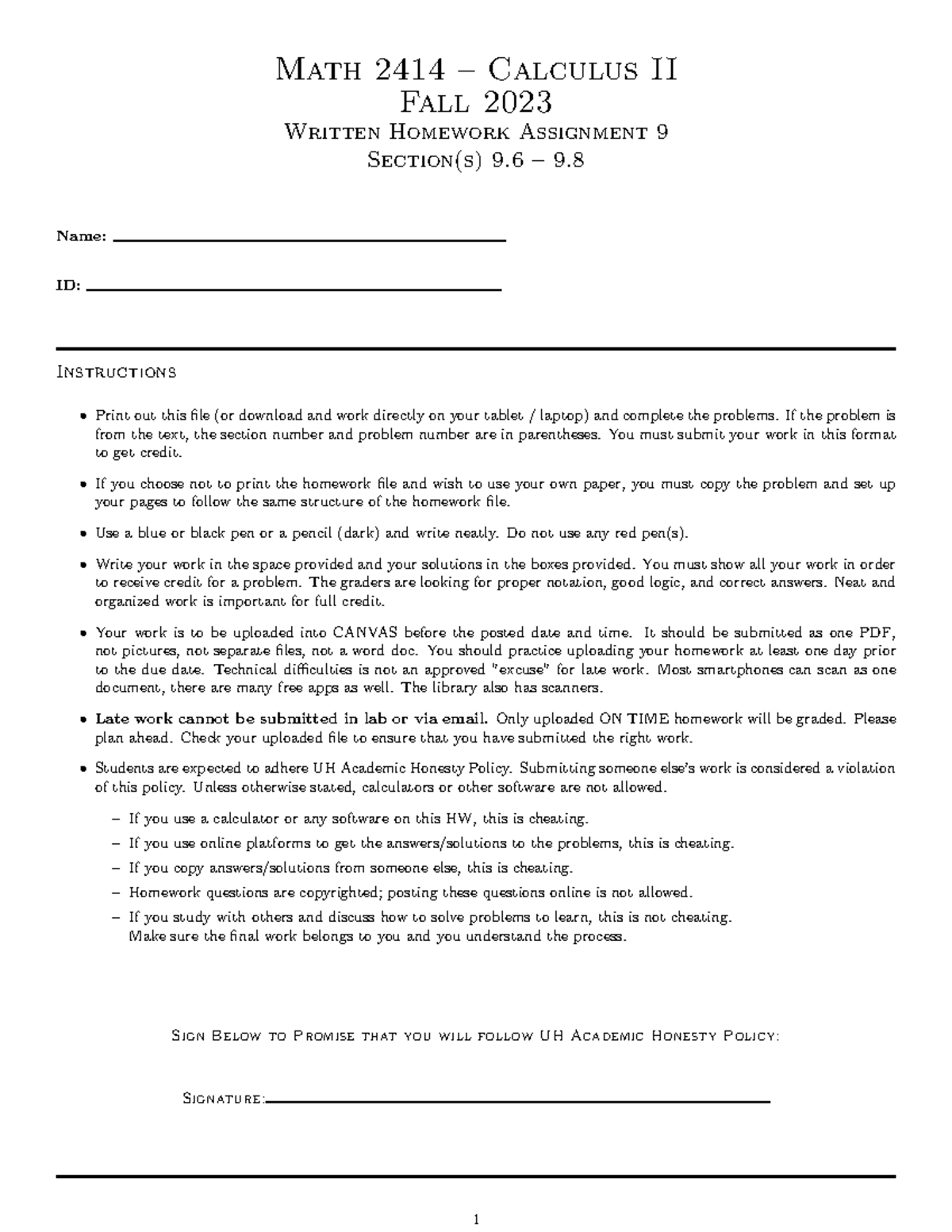 Whwk9 - worksheet 9 - Math 2414 – Calculus II Fall 2023 Written ...