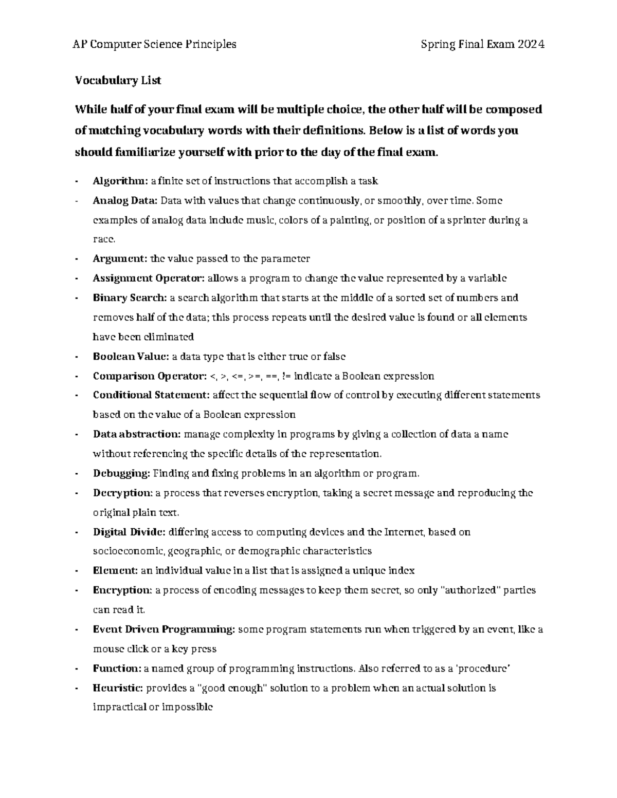 CSP Spring Final Exam 2024 Vocabulary - AP Computer Science Principles ...