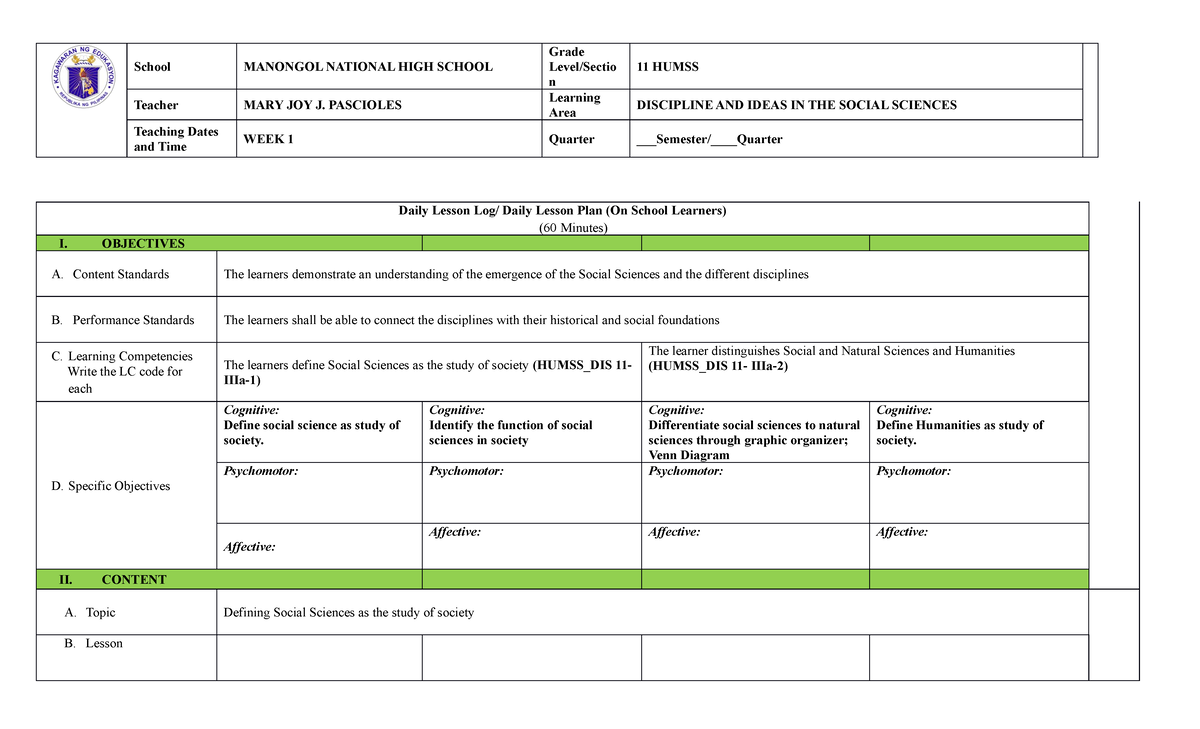 WEEK 1 Lesson PLAN IN DISS - School MANONGOL NATIONAL HIGH SCHOOL Grade ...