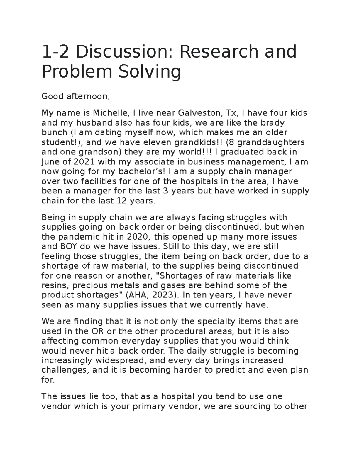 DB Module 1 - Discussion Board - week one - 1-2 Discussion: Research ...