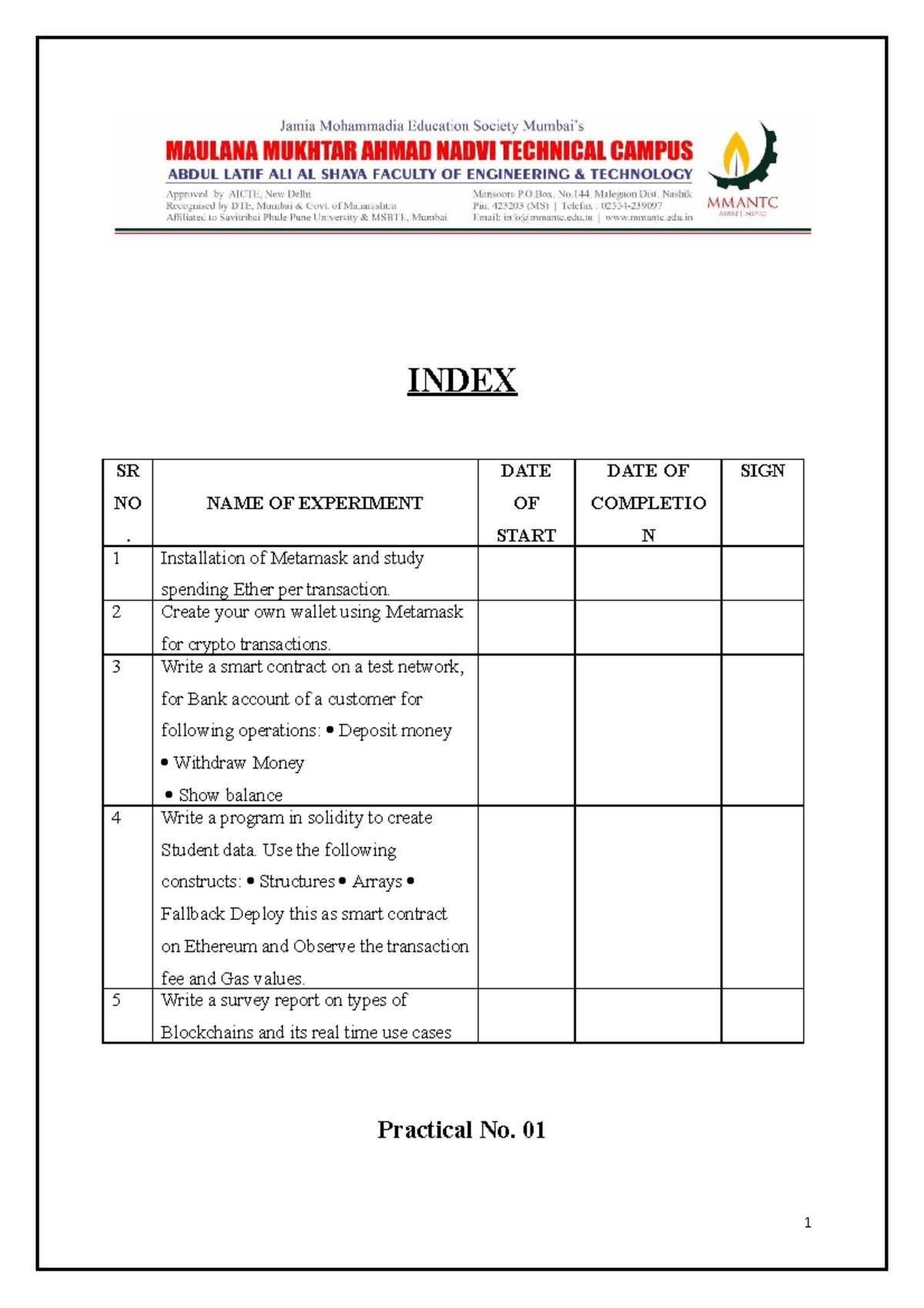 BT manual - INDEX SR NO . NAME OF EXPERIMENT DATE OF START DATE OF COMPLETIO N SIGN 1 ...