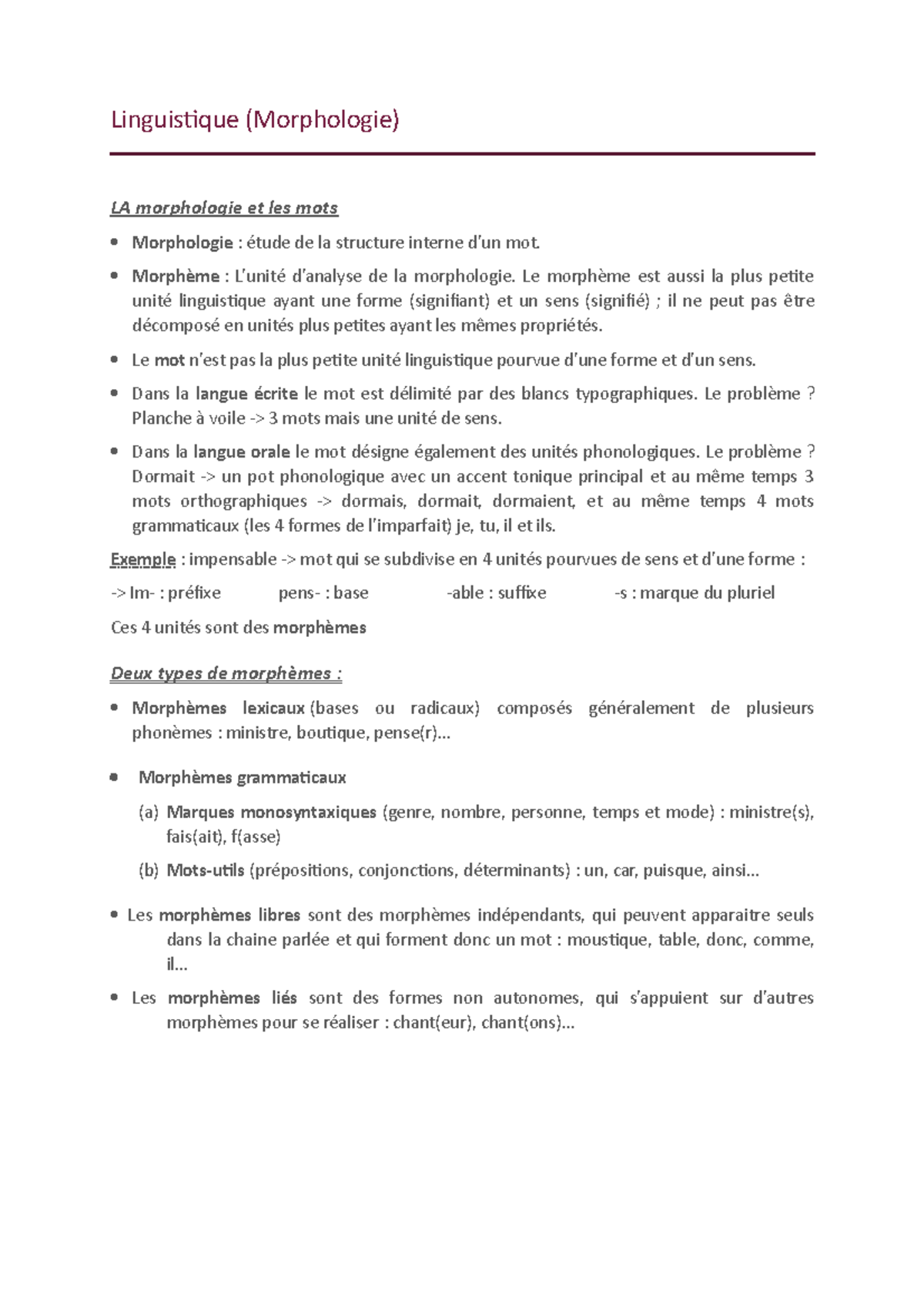 Cours 3 - Linguistique (Morphologie) LA morphologie et les mots ...