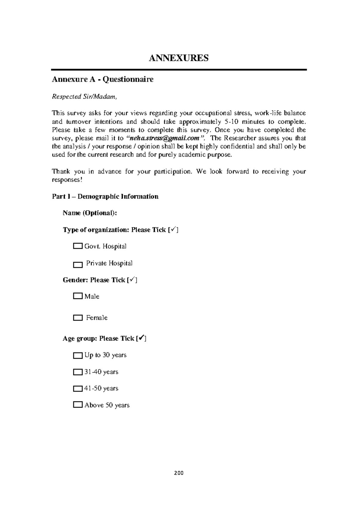 10 appendix - ANNEXURES Annexure A - Questionnaire Respected Sir/Madam, This survey asks for ...