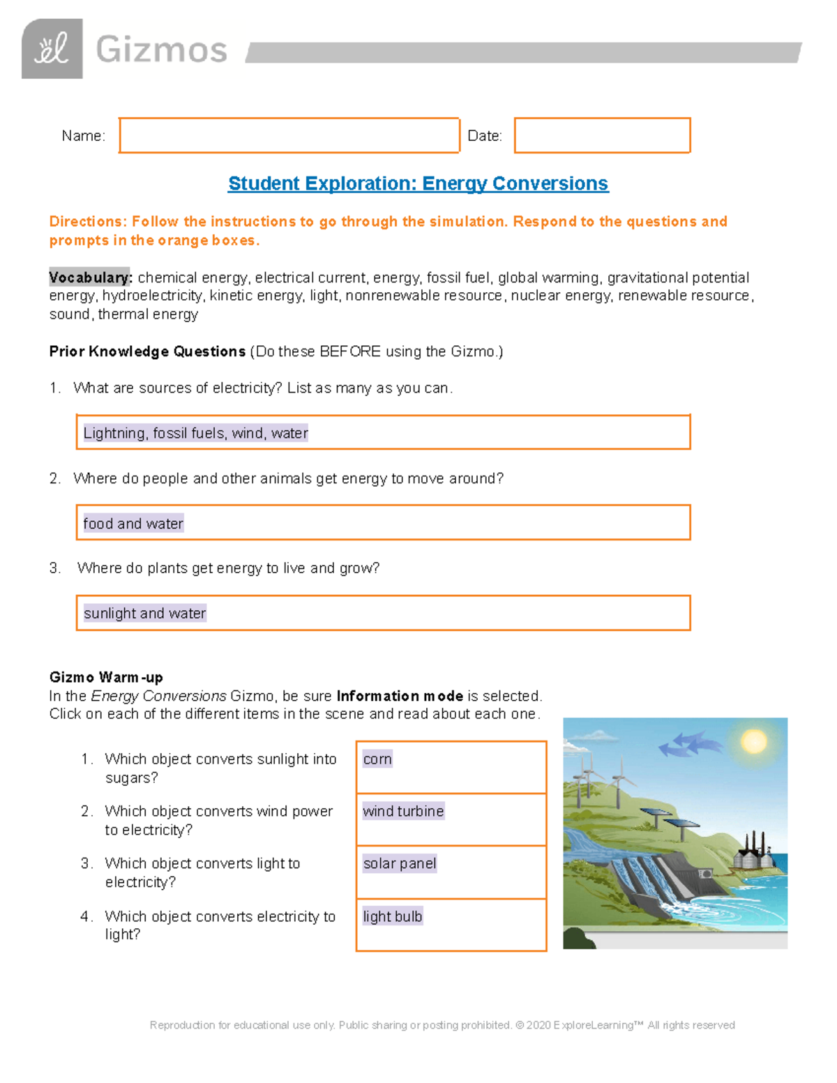 Energy Conversions - Name: Date: Student Exploration: Energy ...
