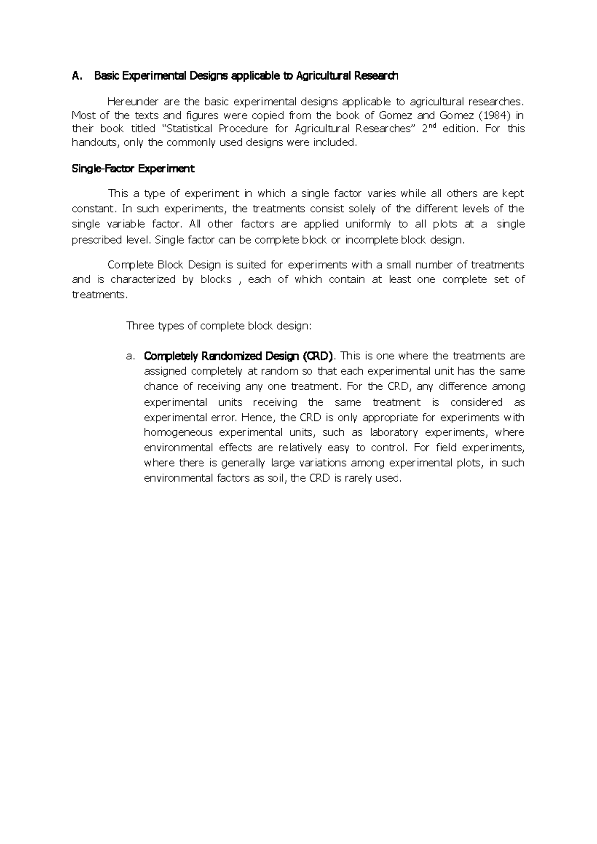 Basic Experimental Designs applicable to Agricultural Research - A ...