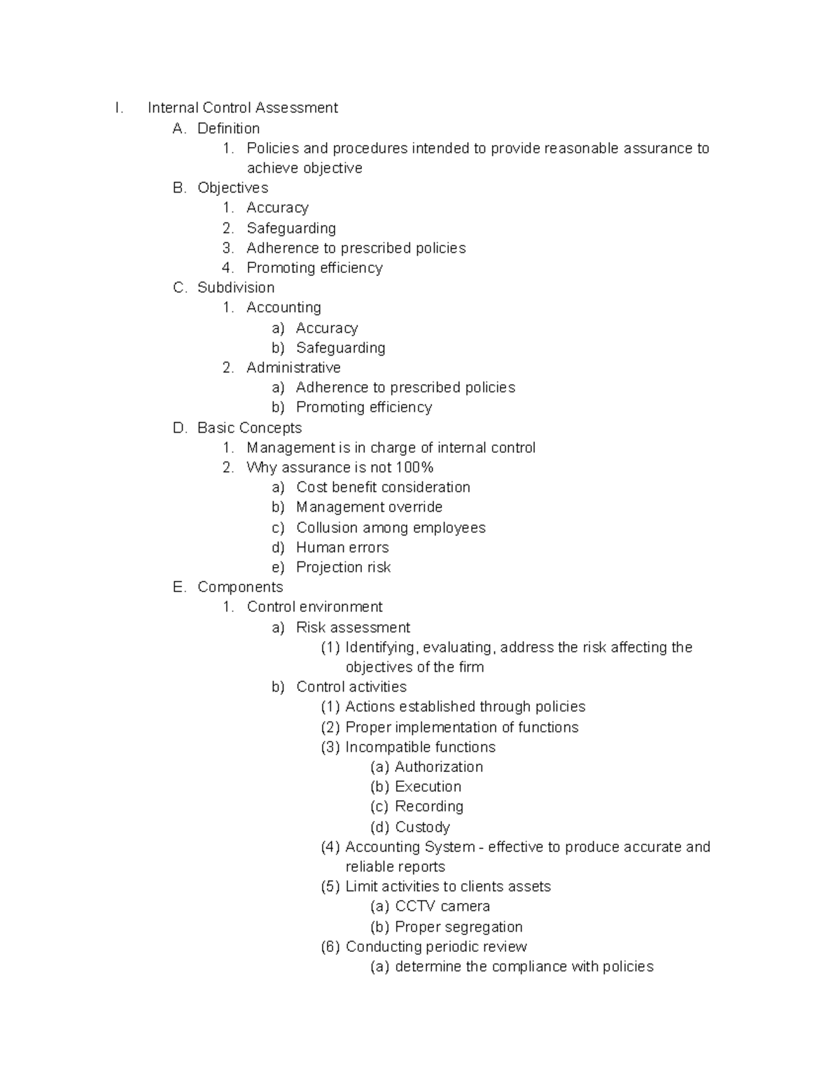 Internal Control Notes - I. Internal Control Assessment A. Definition 1 ...