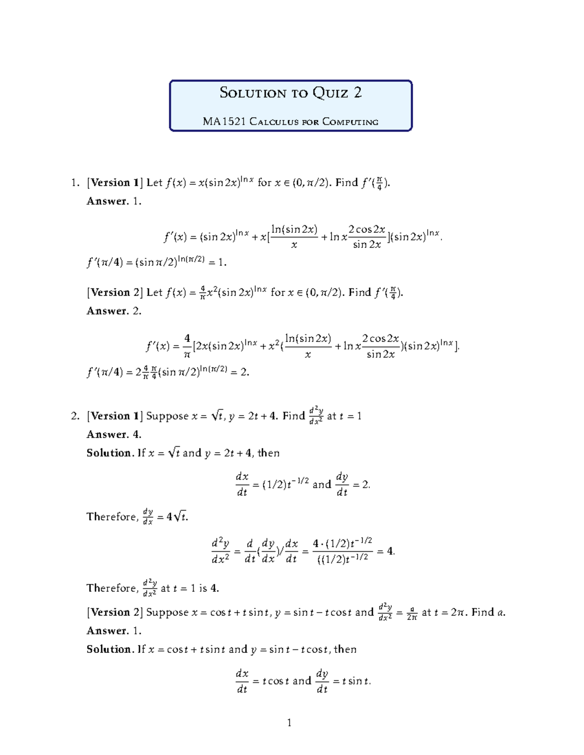 Solution to Quiz 2 - Quiz answers - Solution to Quiz 2 MA1521 Calculus for Computing [Version 1 ...