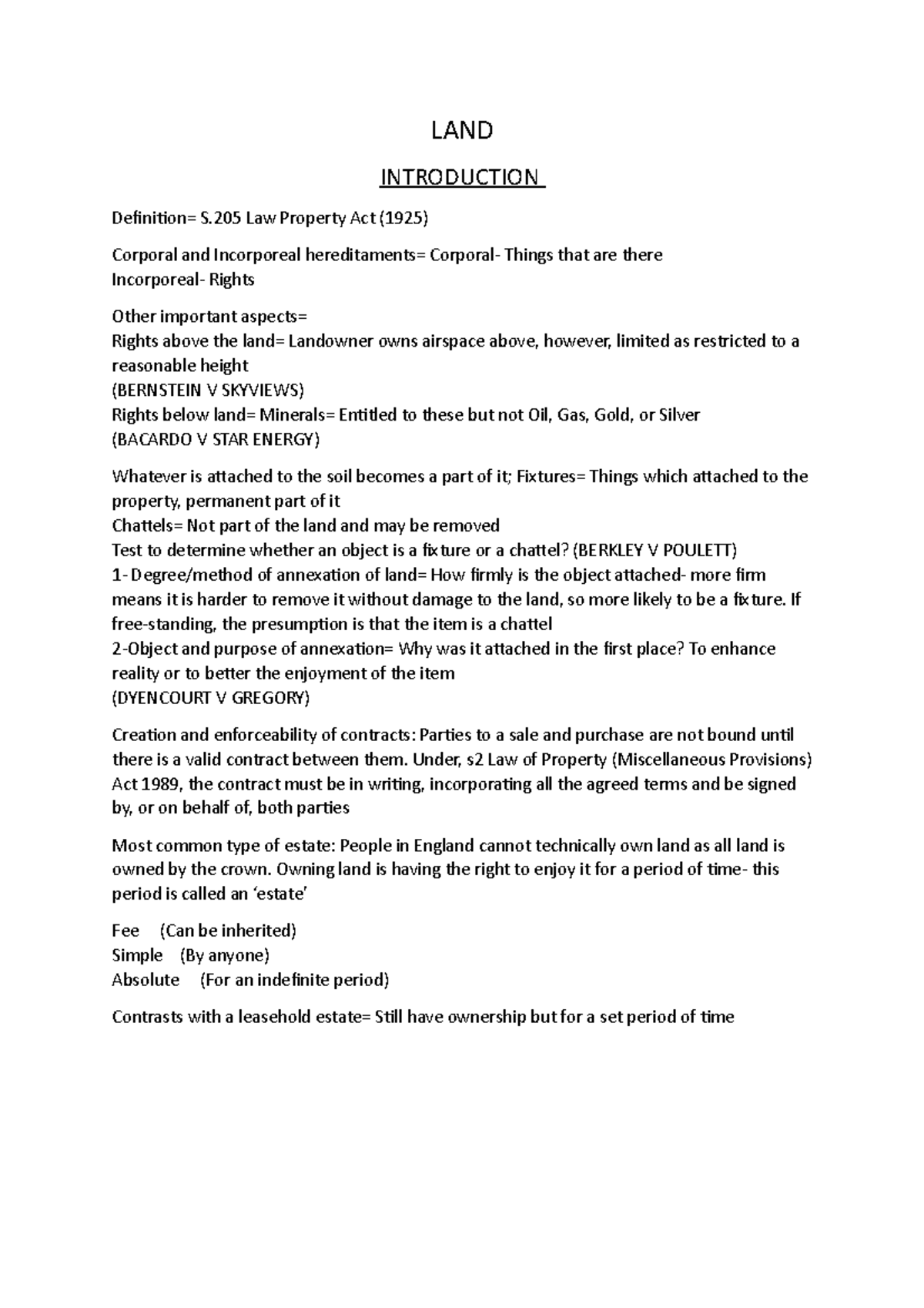 Land law- LLB LAW - LAND INTRODUCTION Definition= S Law Property Act ...