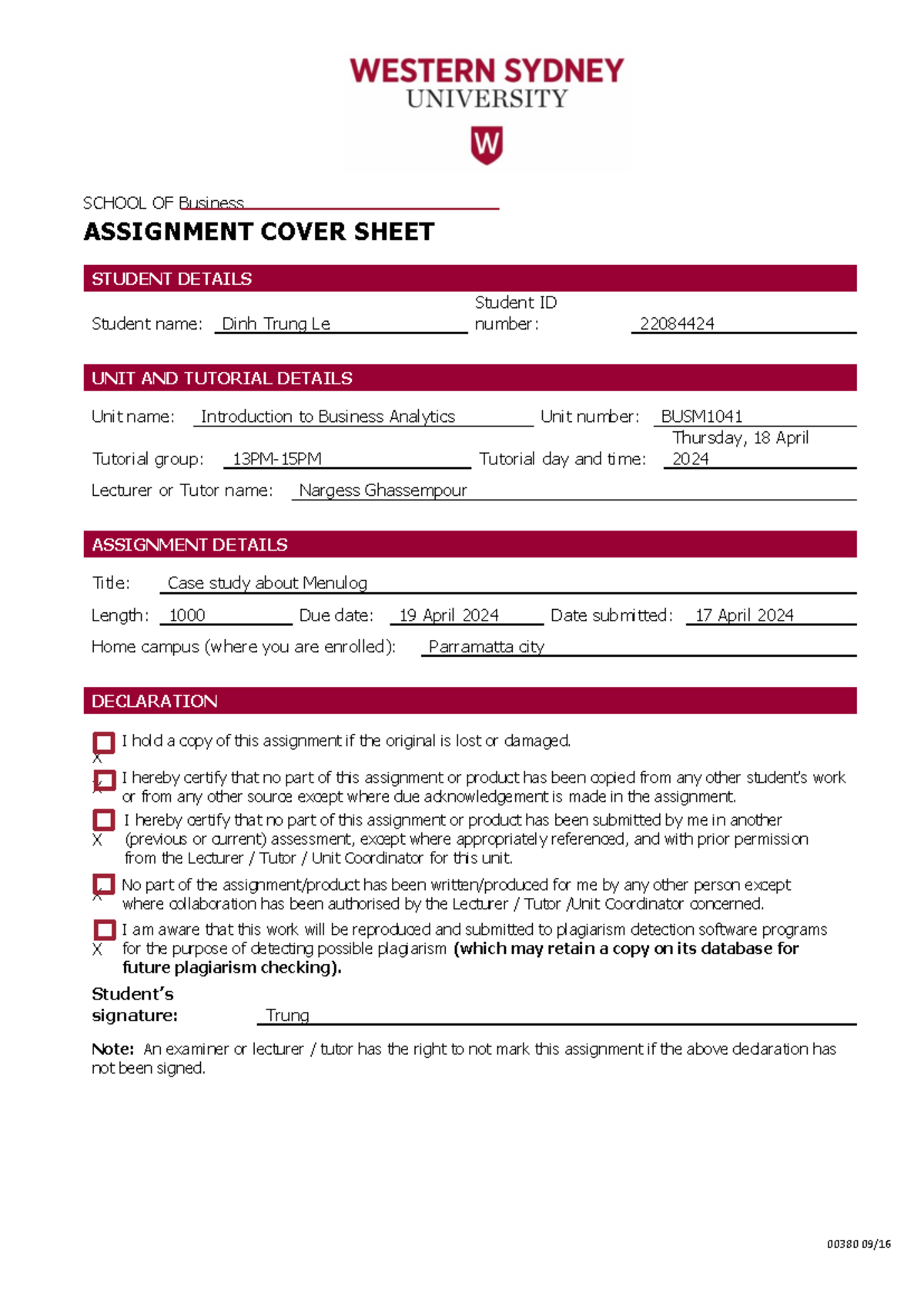 Assignment cover sheet- Fillable - 00380 0 9 / SCHOOL OF Business ...