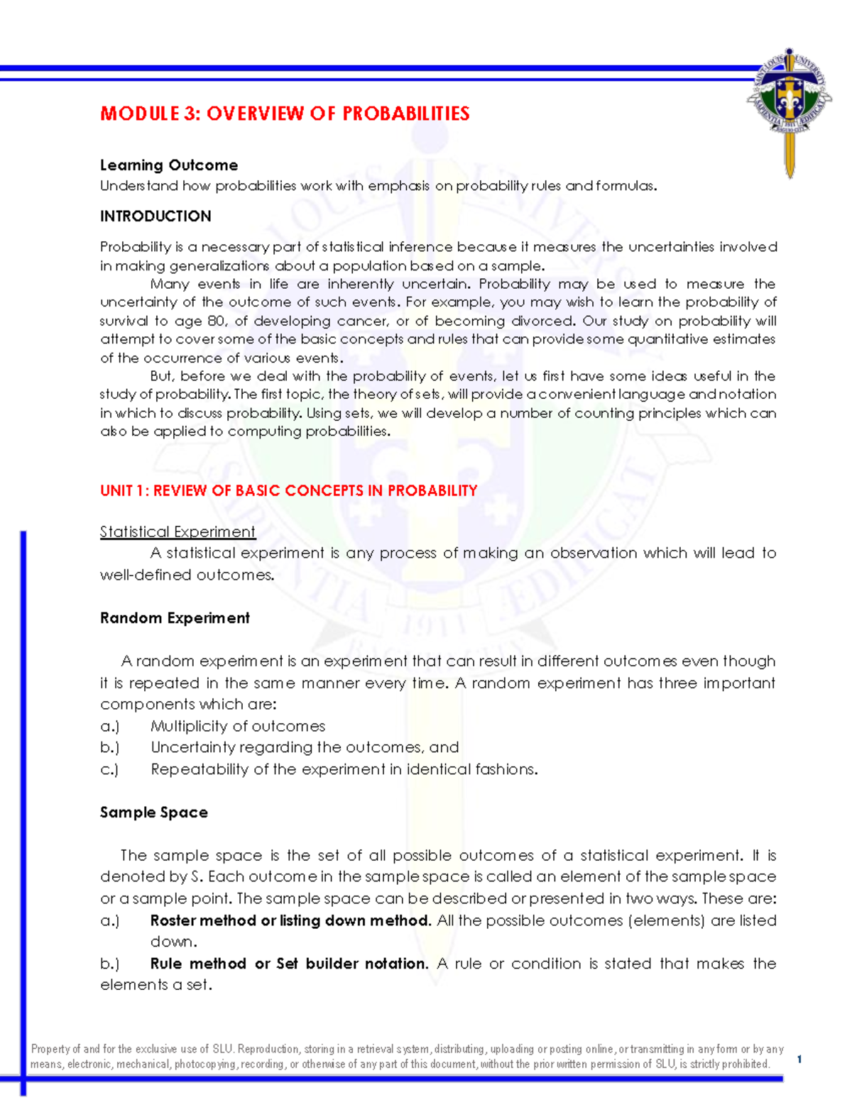 Module 3 Overview of Probabilities - Property of and for the exclusive ...