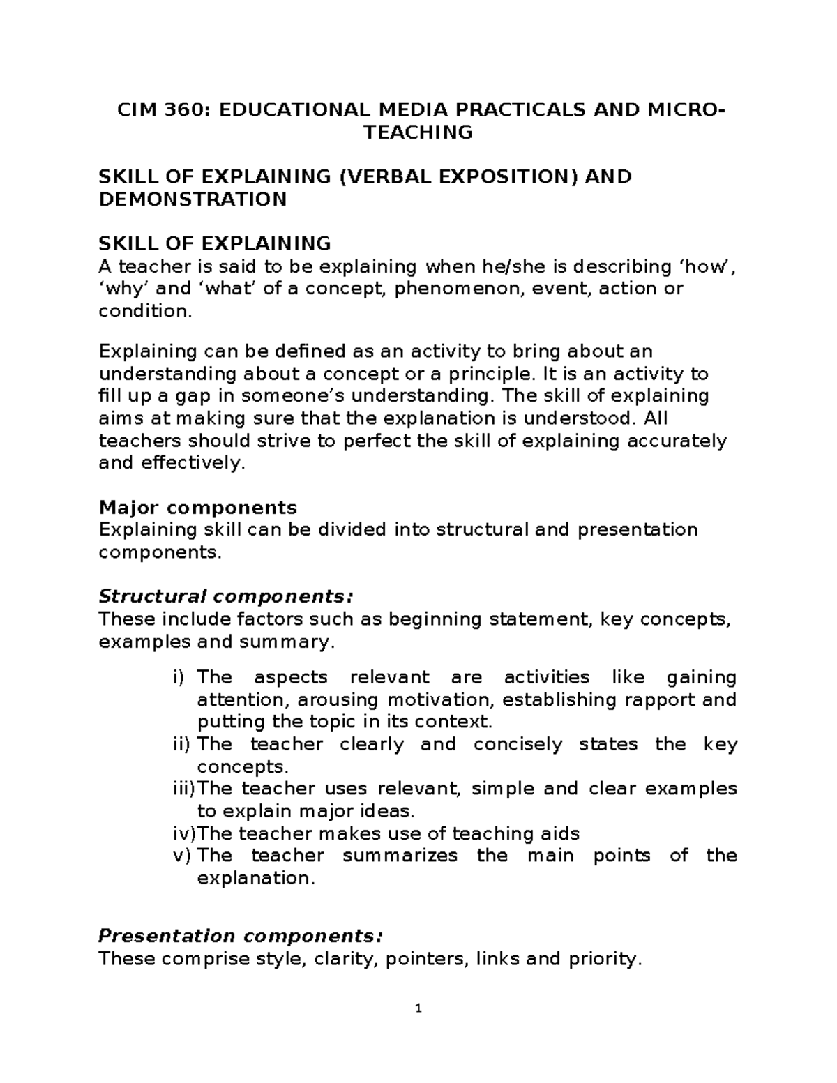 Skill OF Explaining - CIM 360: EDUCATIONAL MEDIA PRACTICALS AND MICRO ...